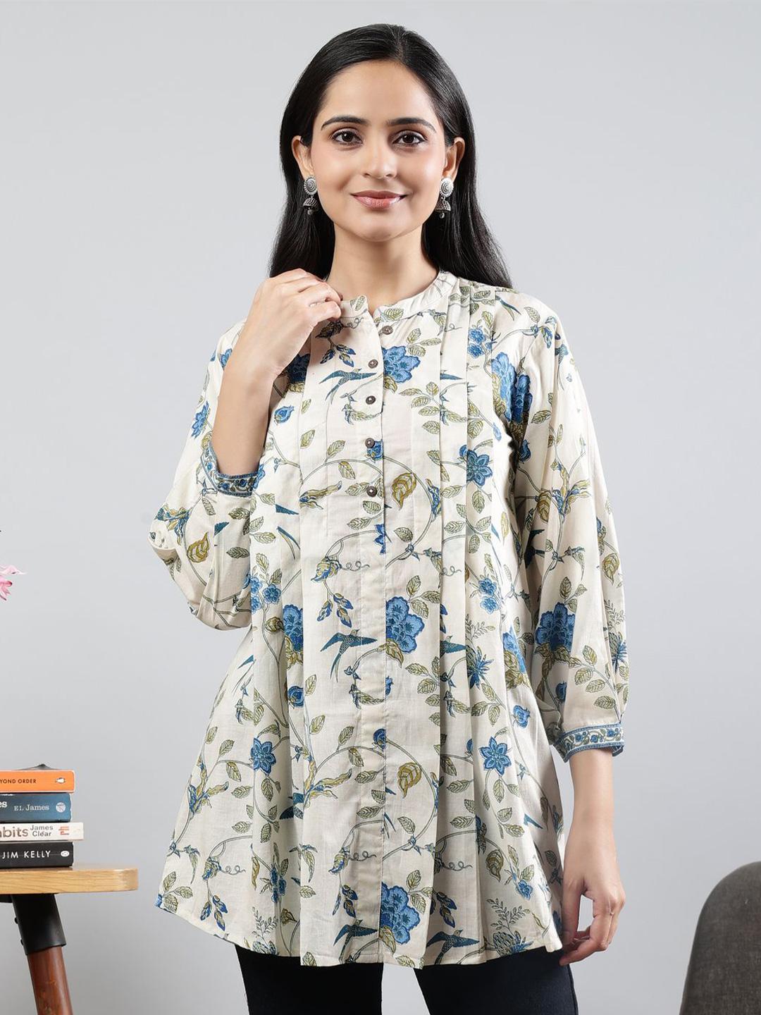 Buy Polyglot Women Ethnic Motifs Printed Mandarin Collar Cotton Tunic ...