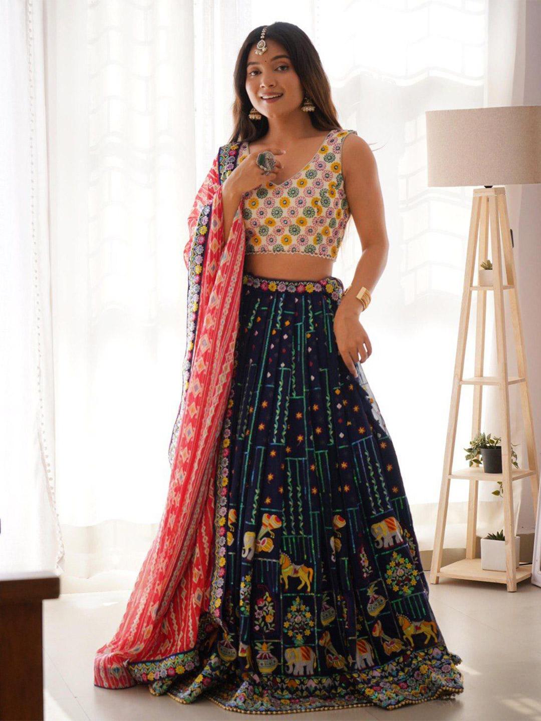 Buy CRAFTLE Embroidered Mirror Work Semi Stitched Lehenga & Unstitched Blouse With Dupatta ...