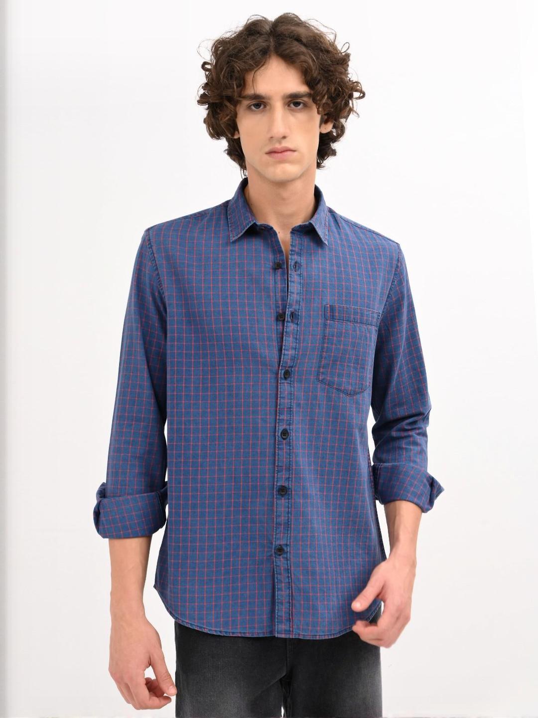 Buy Blu MNKY Men Classic Fit Checked Spread Collar Cotton Casual Shirt ...