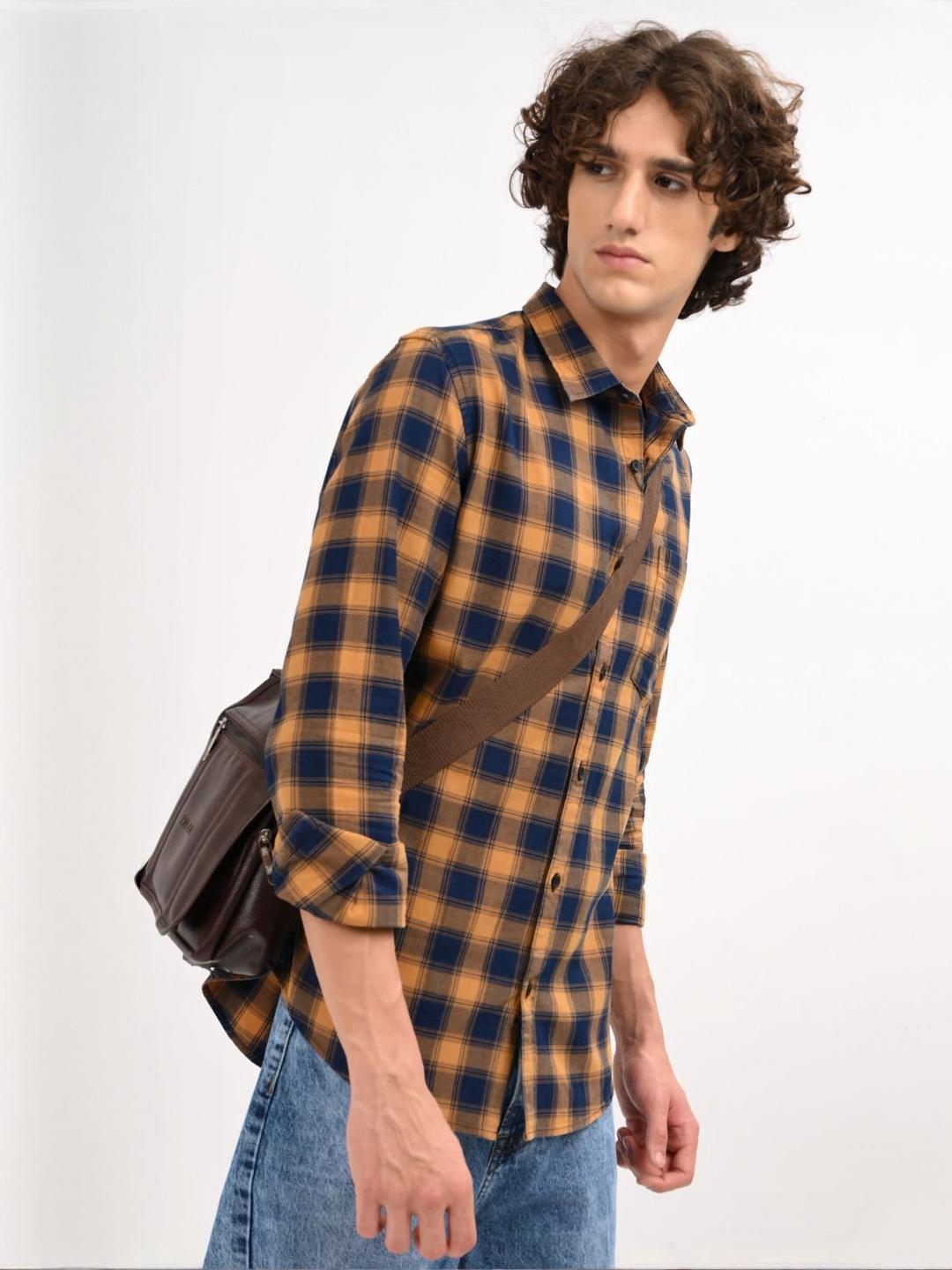 Buy Blu MNKY Classic Slim Fit Checked Spread Collar Long Sleeves Pure ...