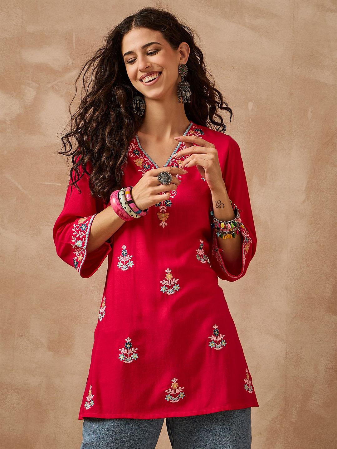 Buy Anouk Women Ethnic Motifs Embroidered V Neck Thread Work Liva Kurti ...