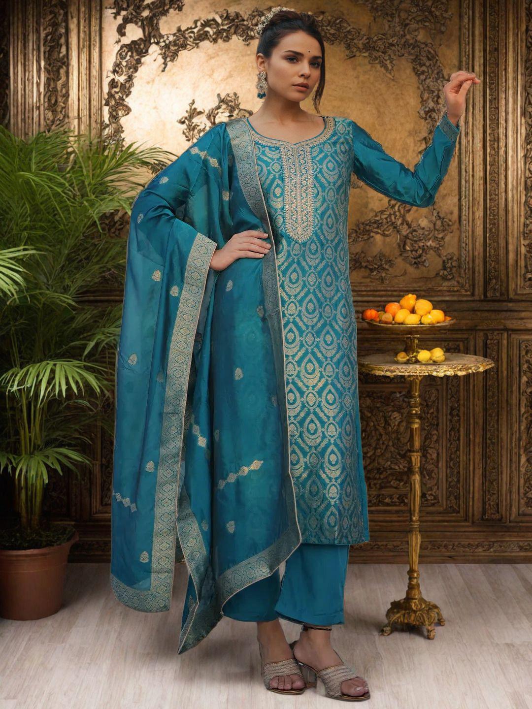 Buy Twika Women Woven Design Embroidered Kurta With Trousers & Dupatta ...