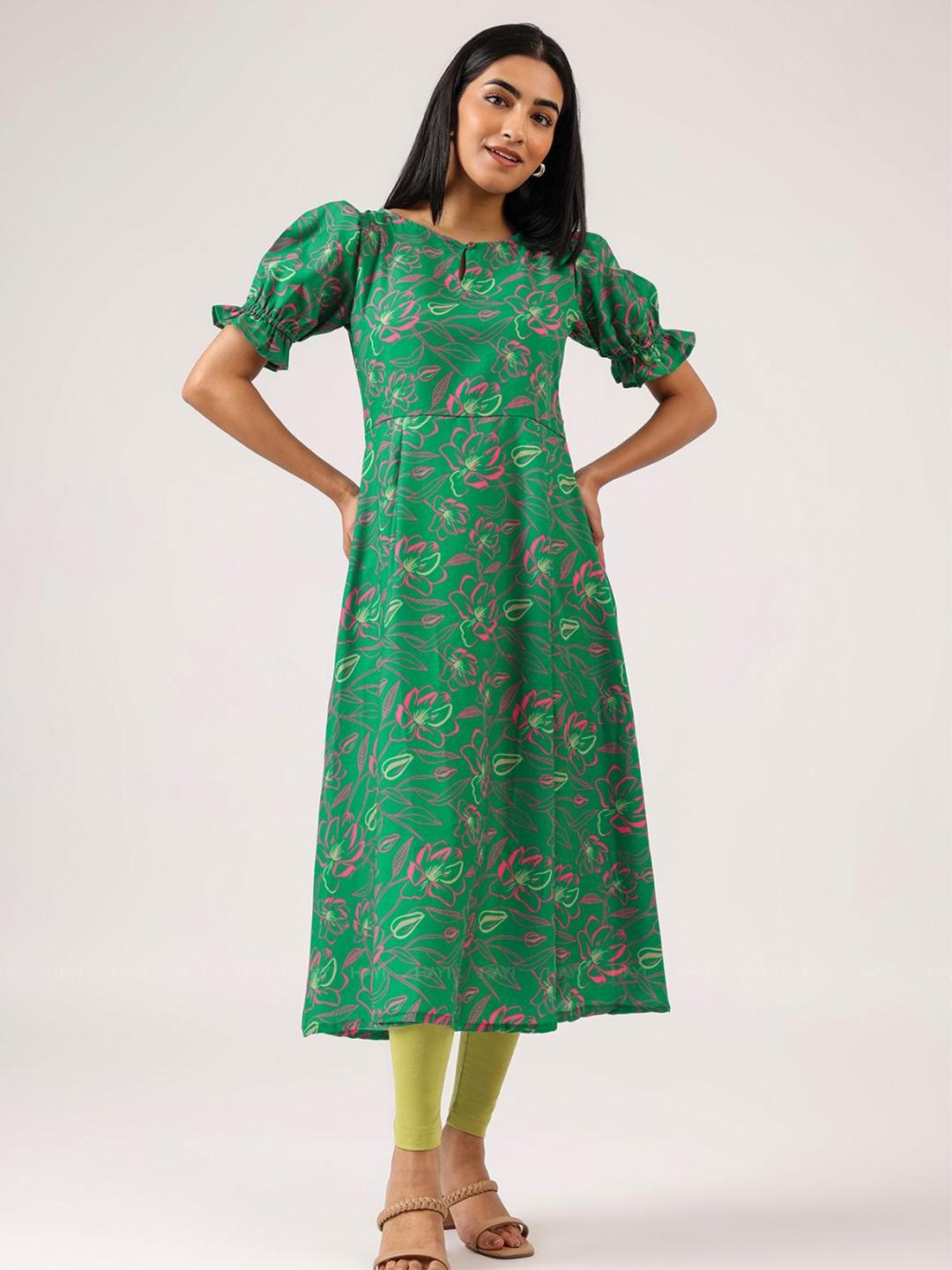 Buy HAY Women Floral Printed Puff Sleeve Fit And Flare Midi Dress ...