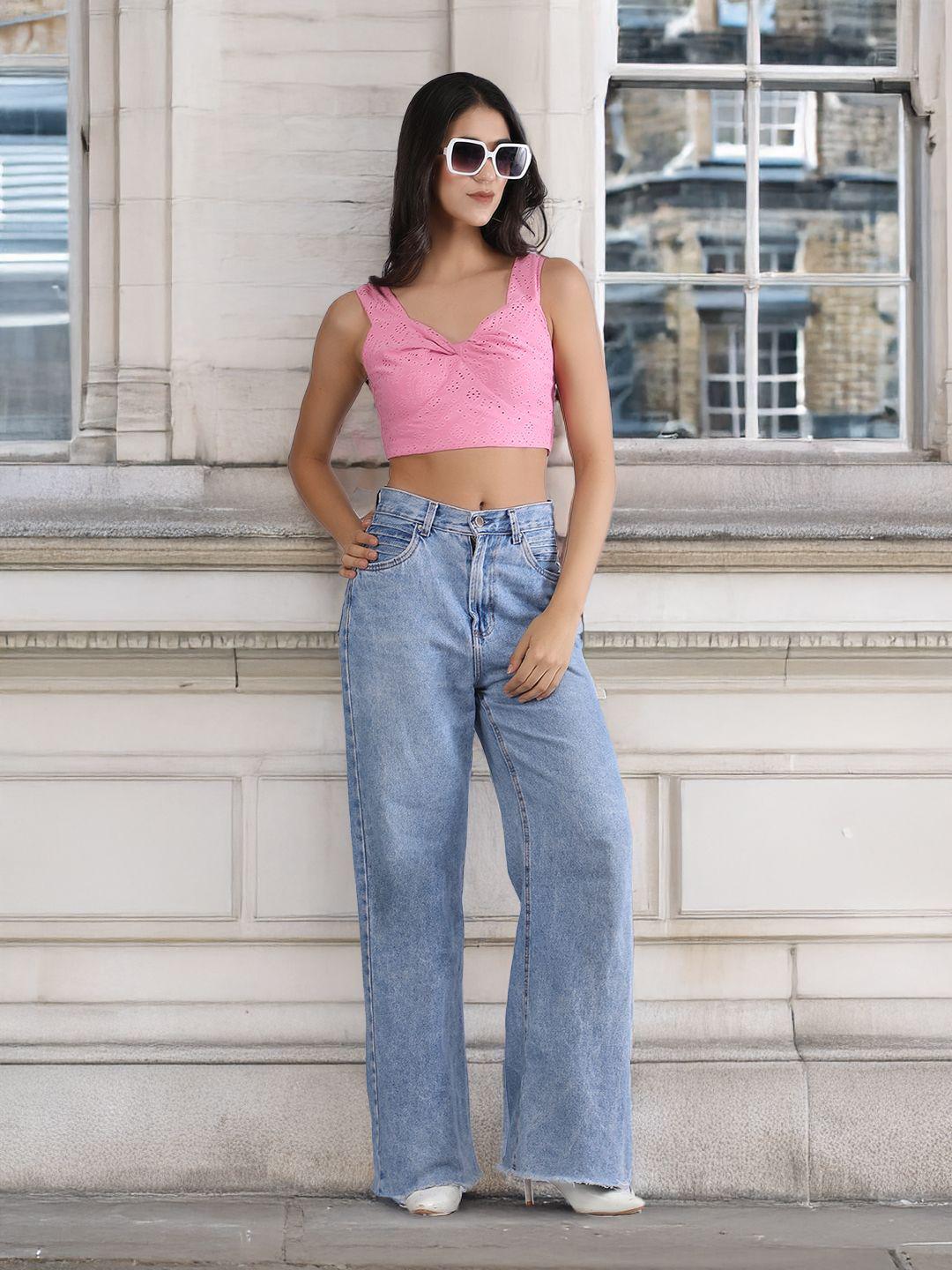 Buy KASSUALLY Women Front Knot Sweetheart Neck Schiffli Crop Top - Tops ...