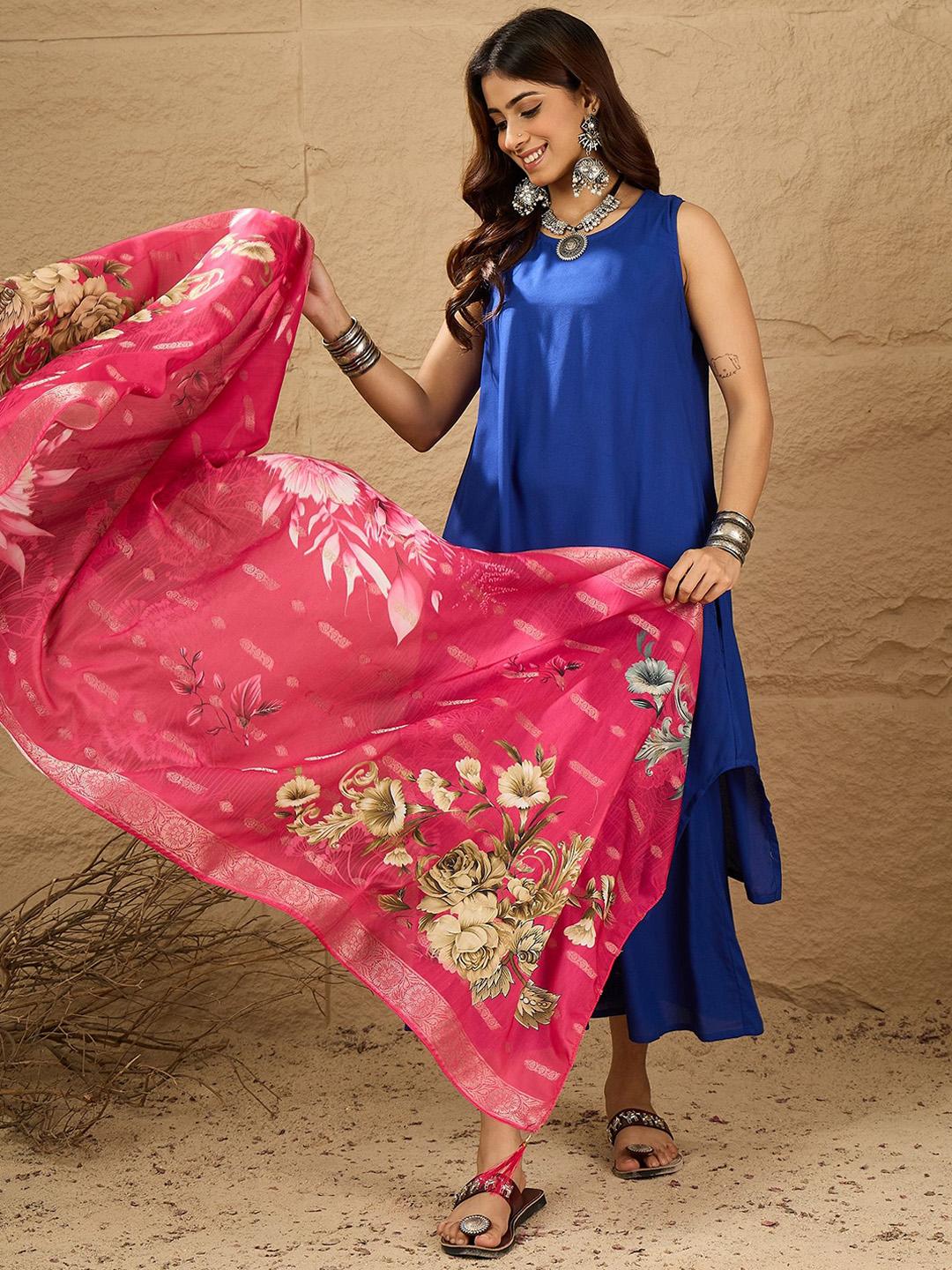 Buy InWeave Round Neck A Line Fusion Kurta With Palazzos & Dupatta ...