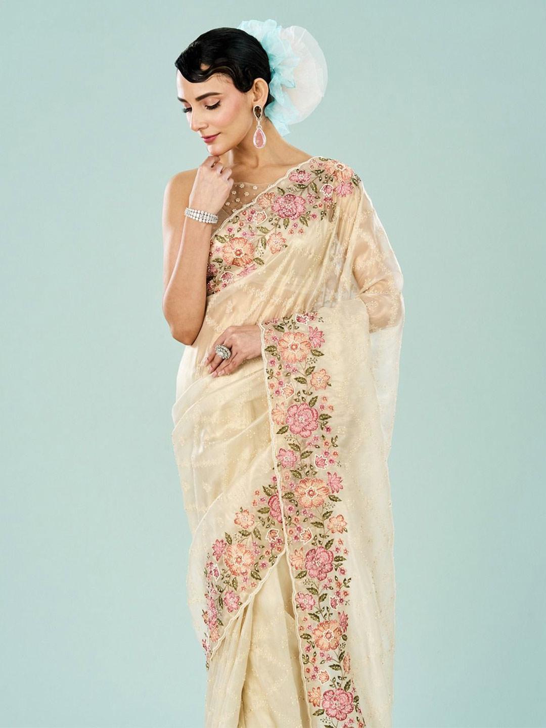 Buy MOHEY Woven Design Embroidered Beads And Stones Organza Saree ...
