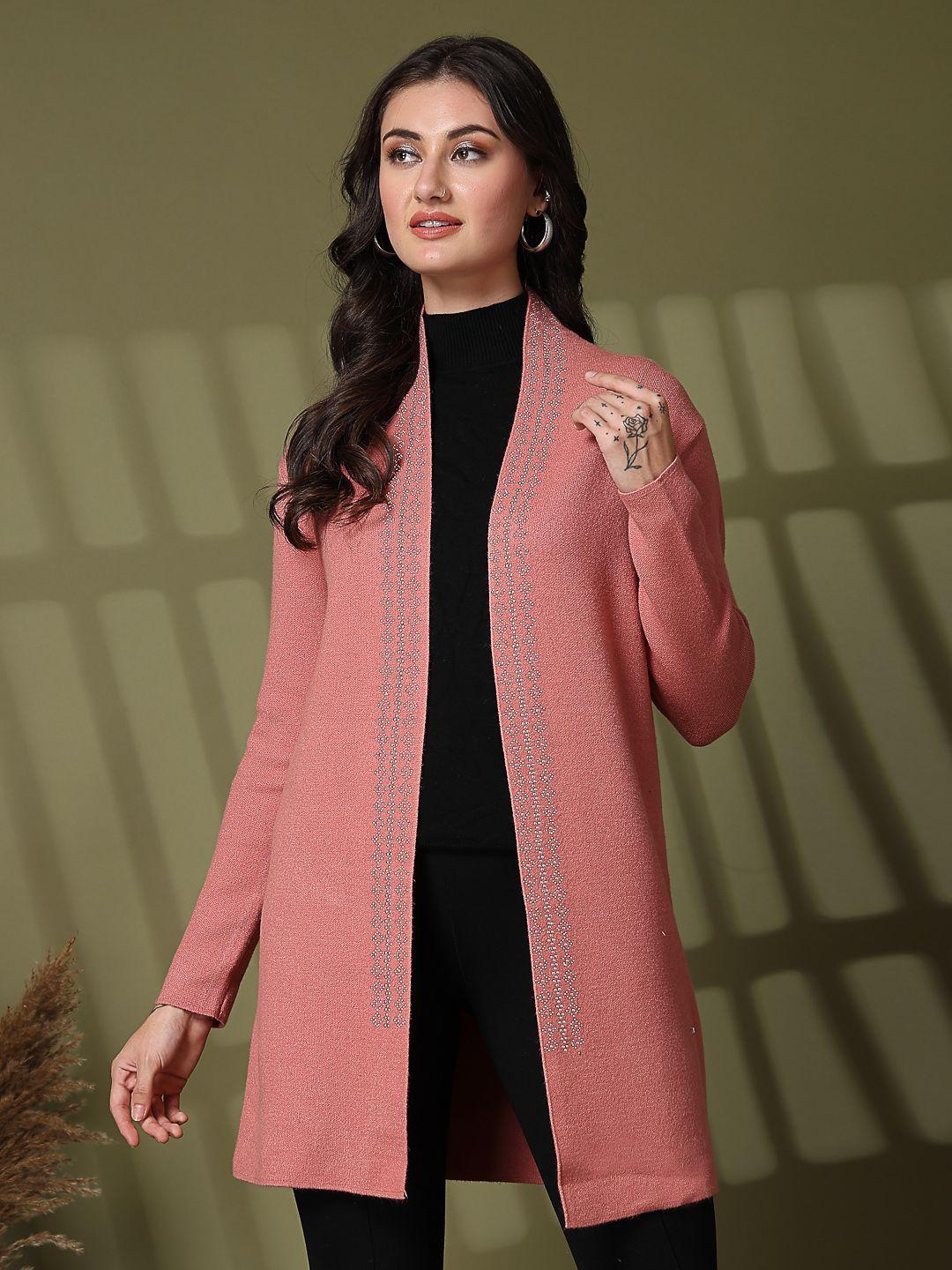 Buy Juelle Women Self Design Open Front Long Sleeves Longline Shrug ...