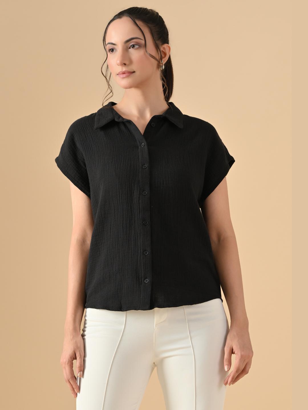 Buy SMERA MART Women Black Spread Collar Short Sleeves Comfort Casual Shirt - Shirts for Women ...