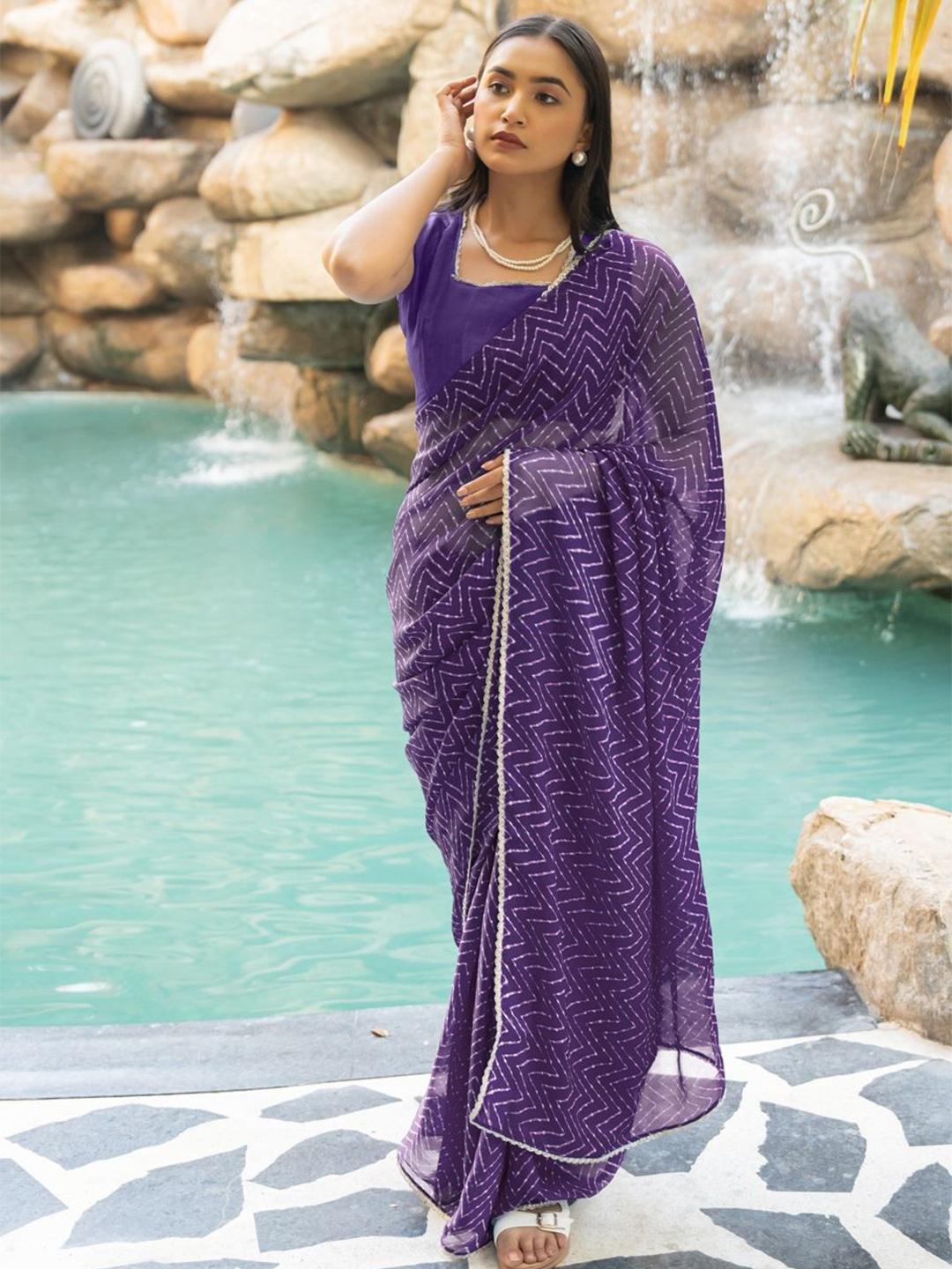 Buy KALINI Printed Zari Border Leheriya Saree - Sarees for Women ...
