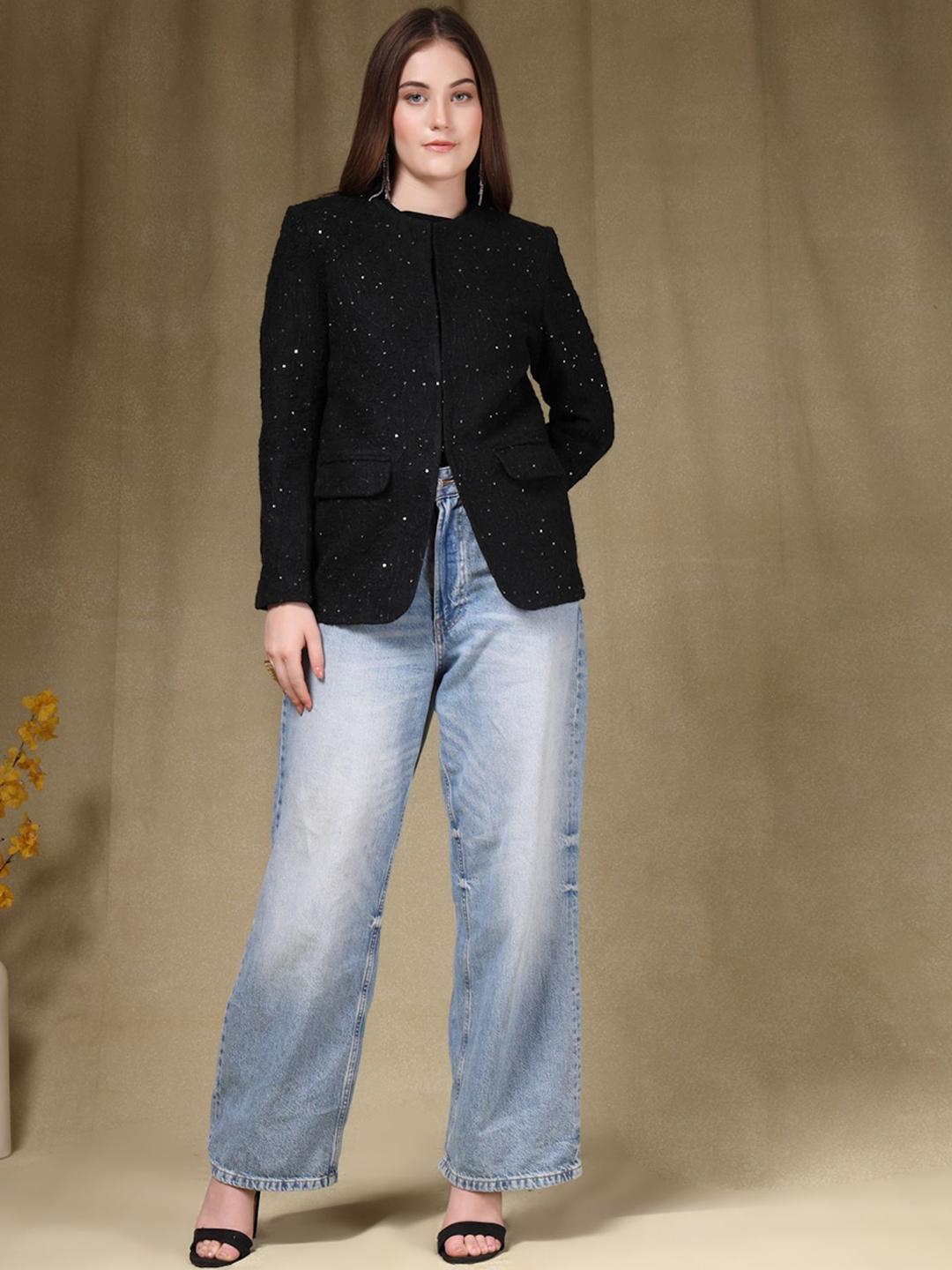 Buy Juelle Women Embroidered Round Neck Single Breasted Pea Coats ...
