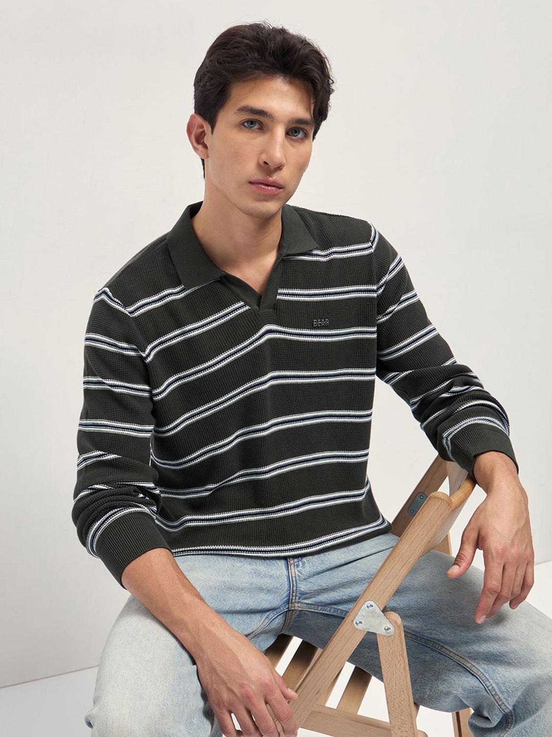 Buy THE BEAR HOUSE Striped Polo Collar Flat Knit Slim Fit Pure Cotton T ...
