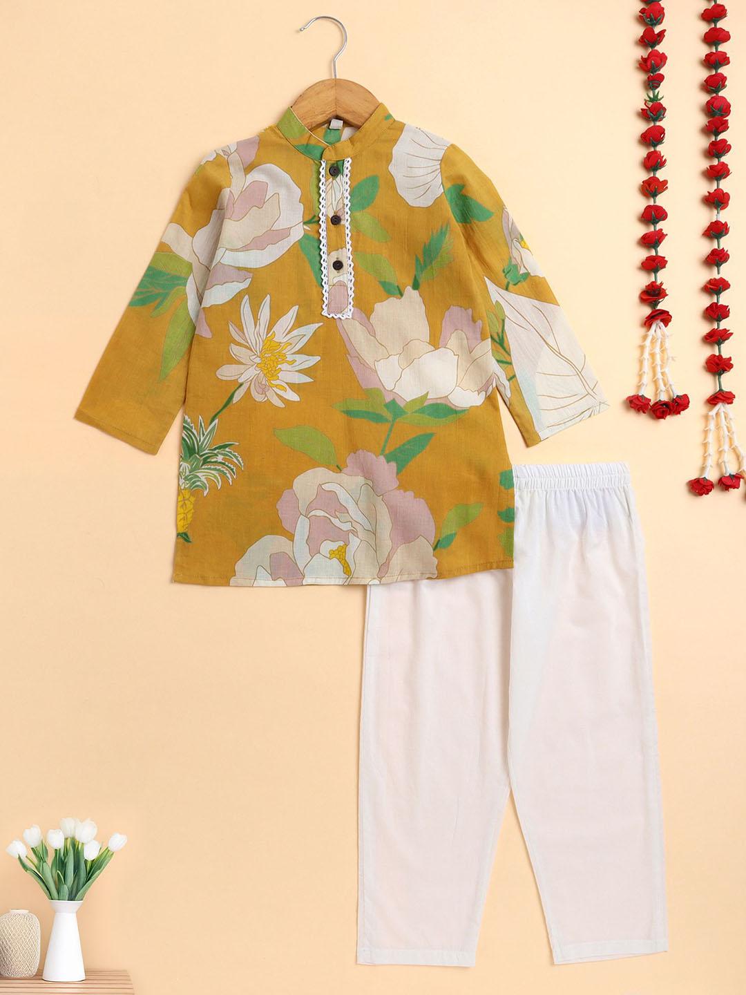 Buy The Magic Wand Boys Floral Printed Regular Pure Cotton Kurta With ...