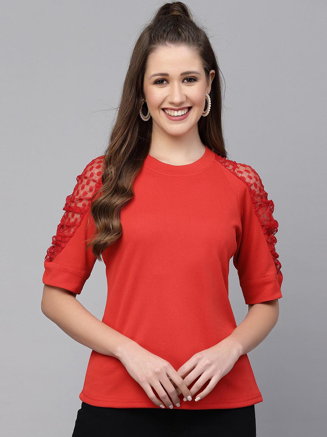 Buy Selvia Women Solid Top With Self Design Polka Dot Puff Sleeves ...