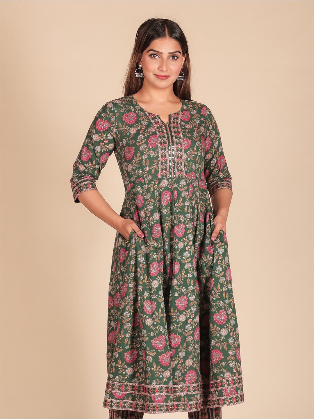 Buy Aramya Floral Printed Notch Neck Sequinned Pure Cotton Anarkali ...