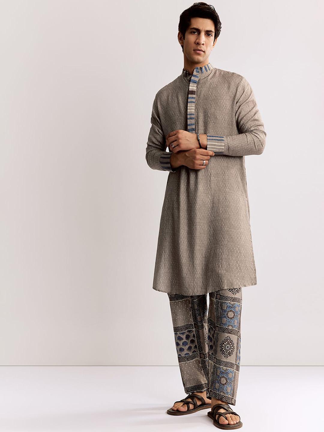 Buy KALKI Fashion Men Ajrakh Printed Straight Linen Kurta With Pyjamas ...