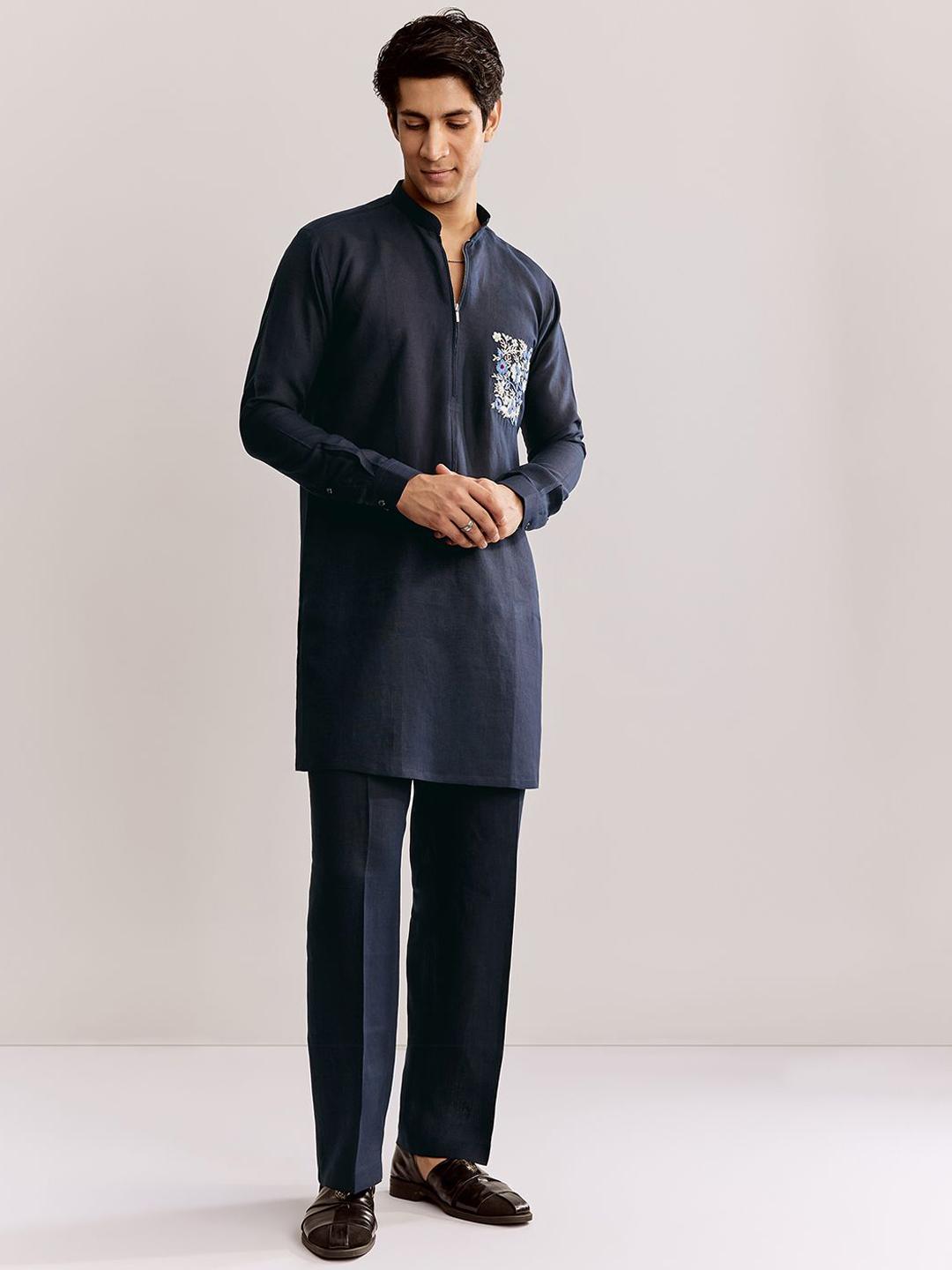 Buy KALKI Fashion Men Floral Embroidered Thread Work Linen Kurta With ...