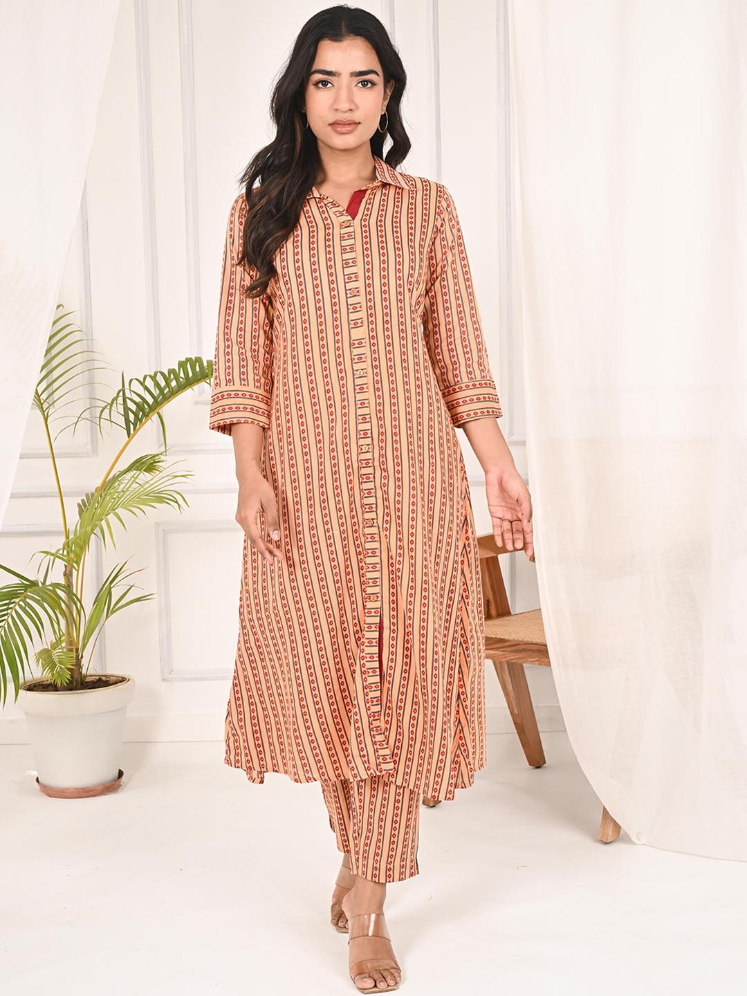 Buy INDULI Women Striped Printed Cotton Kurta With Trouser - Kurta Sets ...