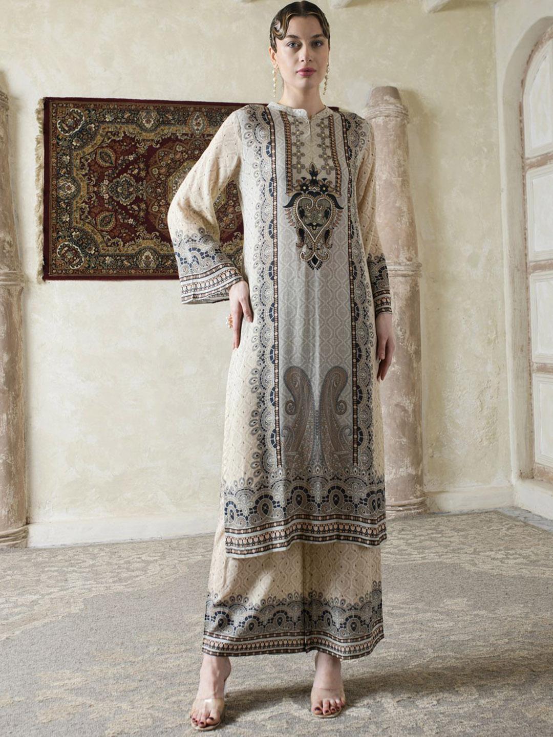 Buy THE BARI Women Ethnic Motifs Printed Silk Kurta With Palazzos ...