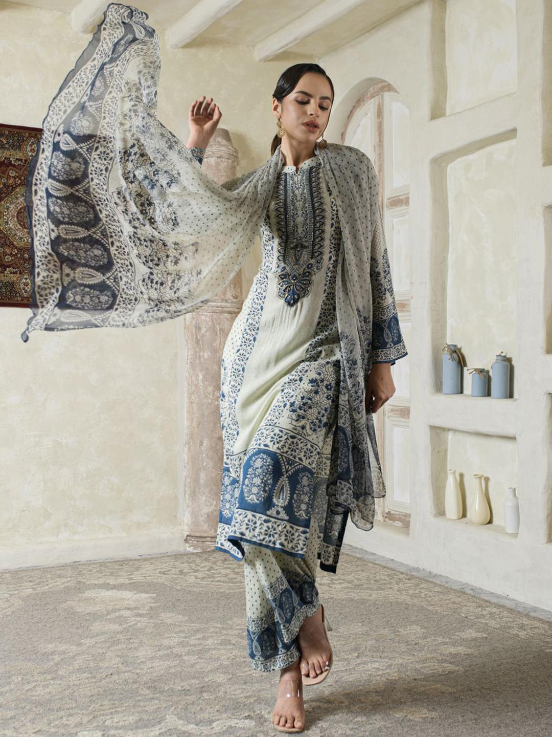 Buy THE BARI Women Ethnic Motifs Printed Silk Kurta With Palazzo ...