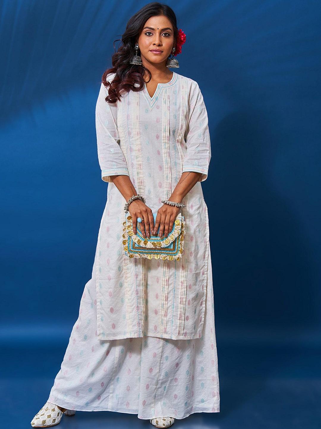 Buy Tanoti Women Notched Neck Regular Pure Cotton Kurta & Palazzos With ...