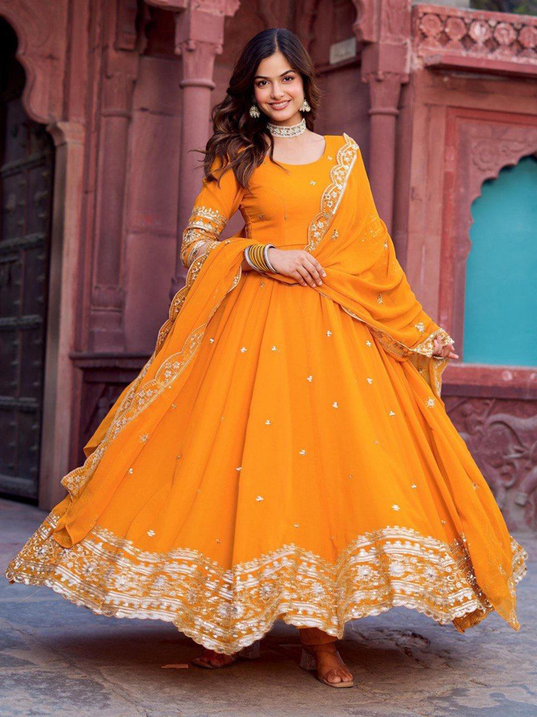 Buy CRAFTLE Floral Embroidered Round Sequinned Georgette Anarkali Kurta With Trouser & Dupatta ...