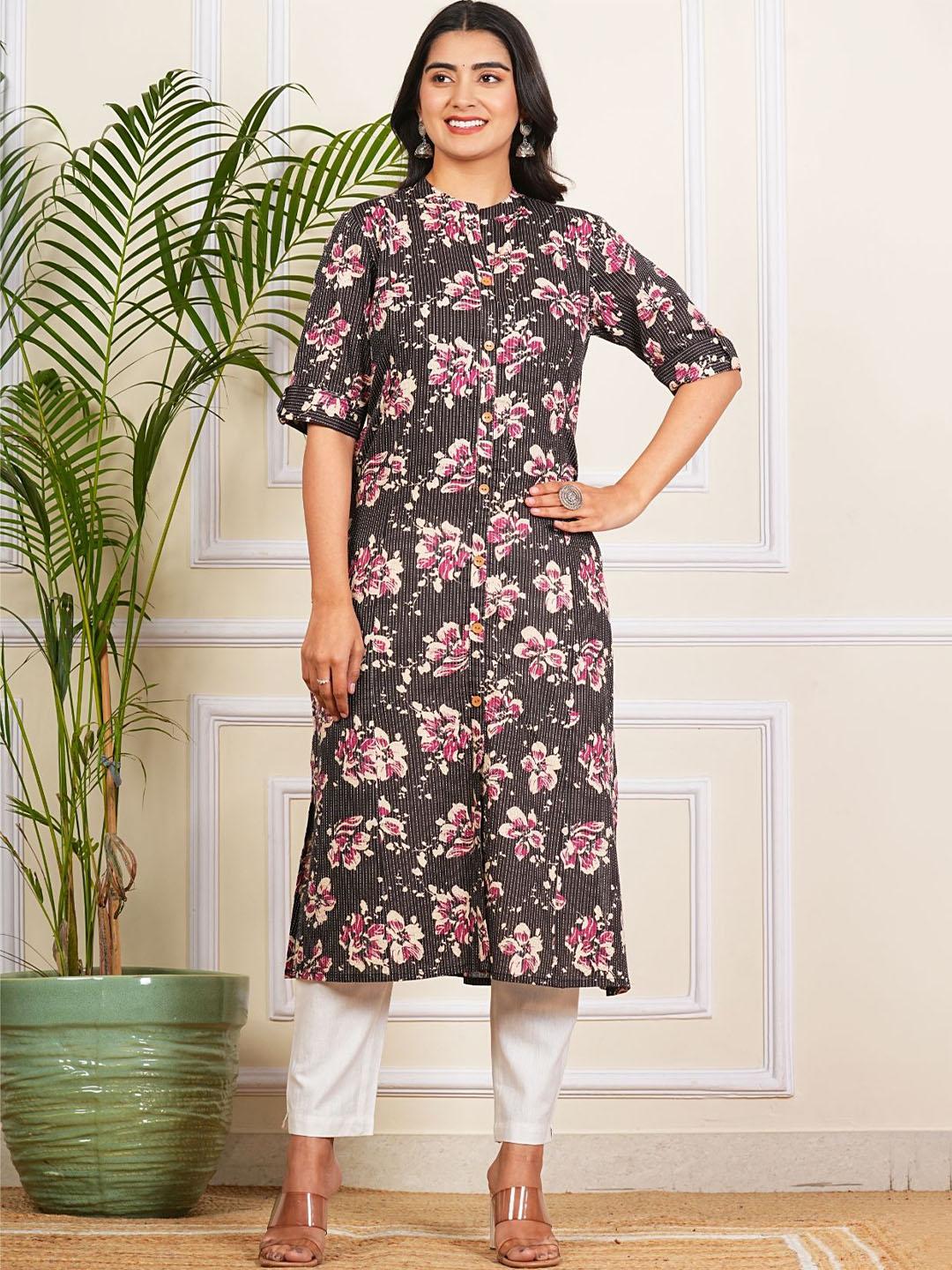 Buy NUNCHII Women Floral Printed Casual Cotton Straight Kurta - Kurtas ...