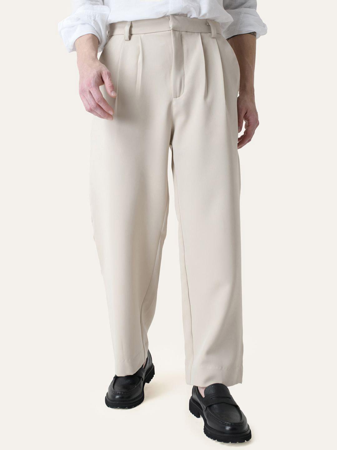 Buy PERCH Men Relaxed Cream Solid Pleated Korean Pants - Trousers for ...