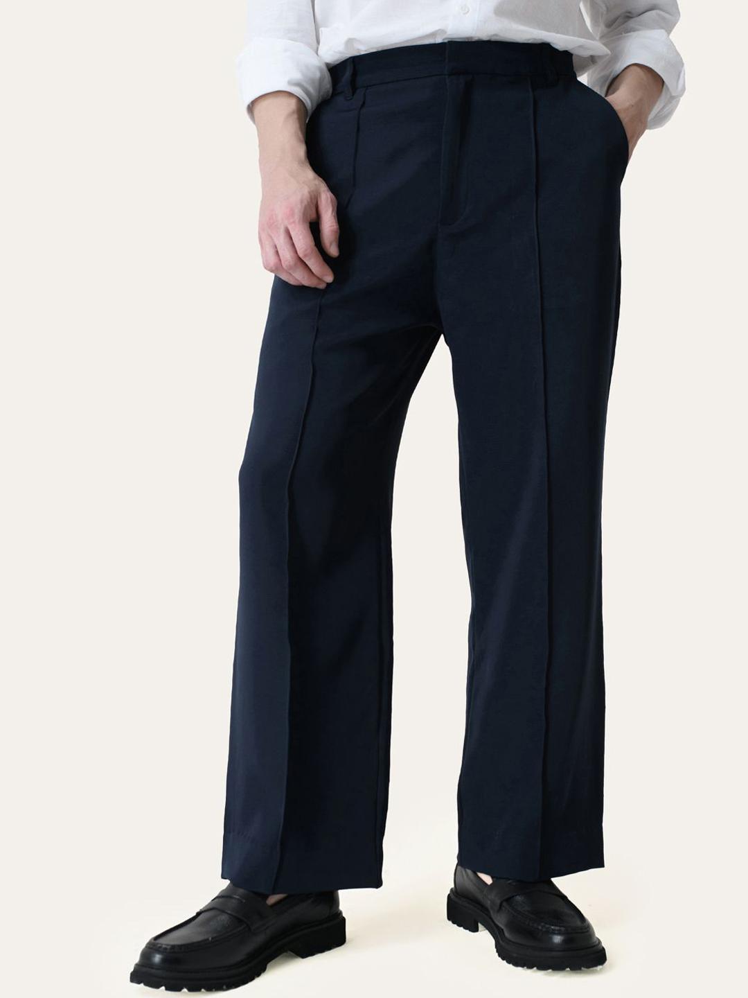 Buy PERCH Men Navy Blue Solid Pintuck Korean Pants - Trousers for Men ...