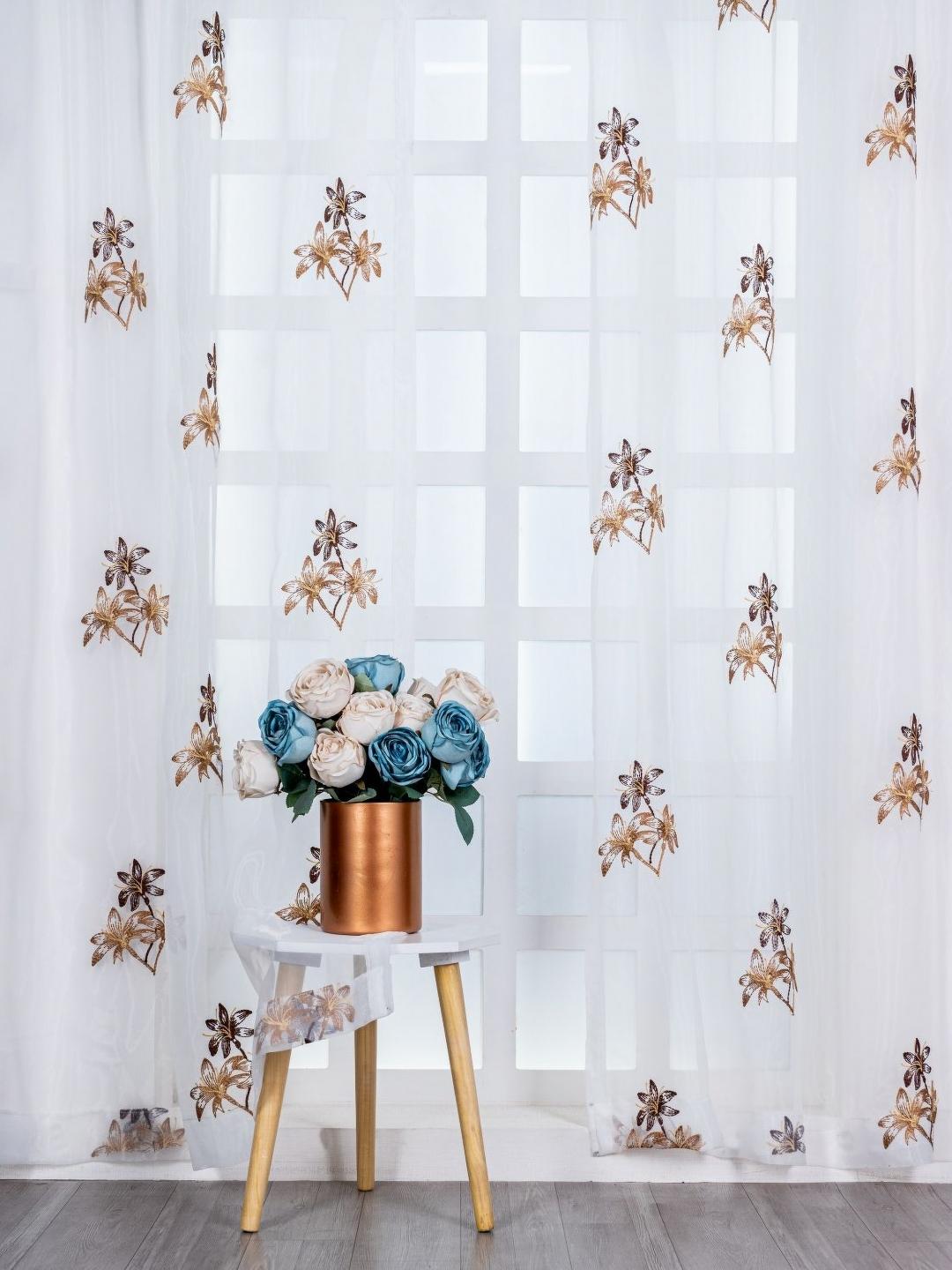 Buy Parda Online White & Brown Embroidered Sheer Window Curtain ...