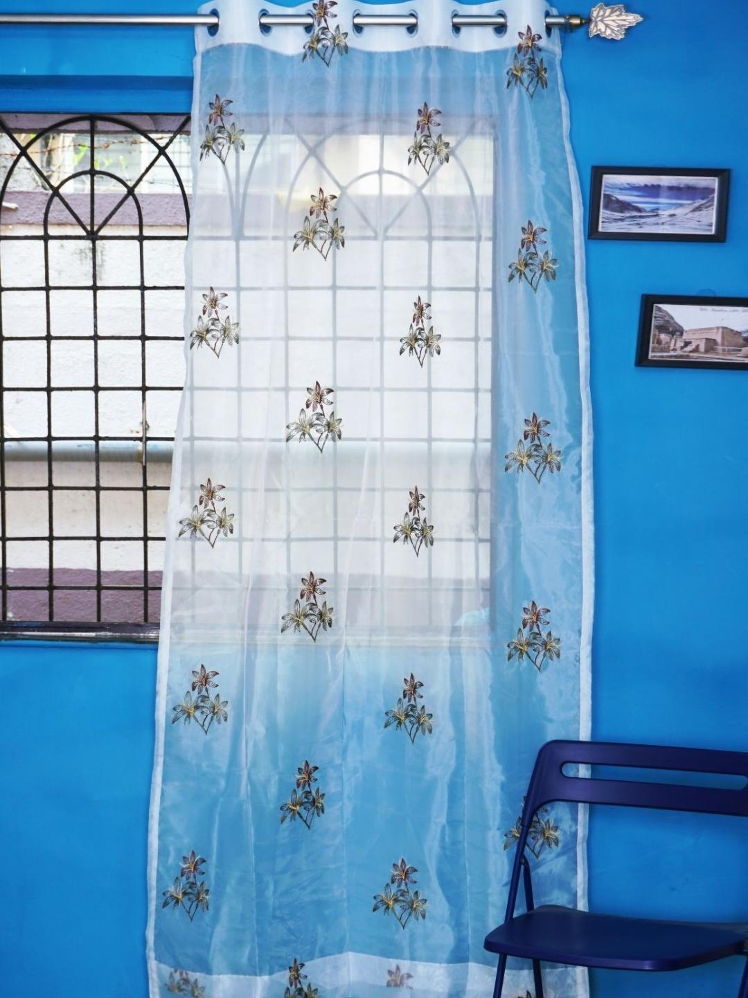 Buy Parda Online White & Green Floral Sheer Window Curtain - Curtains ...