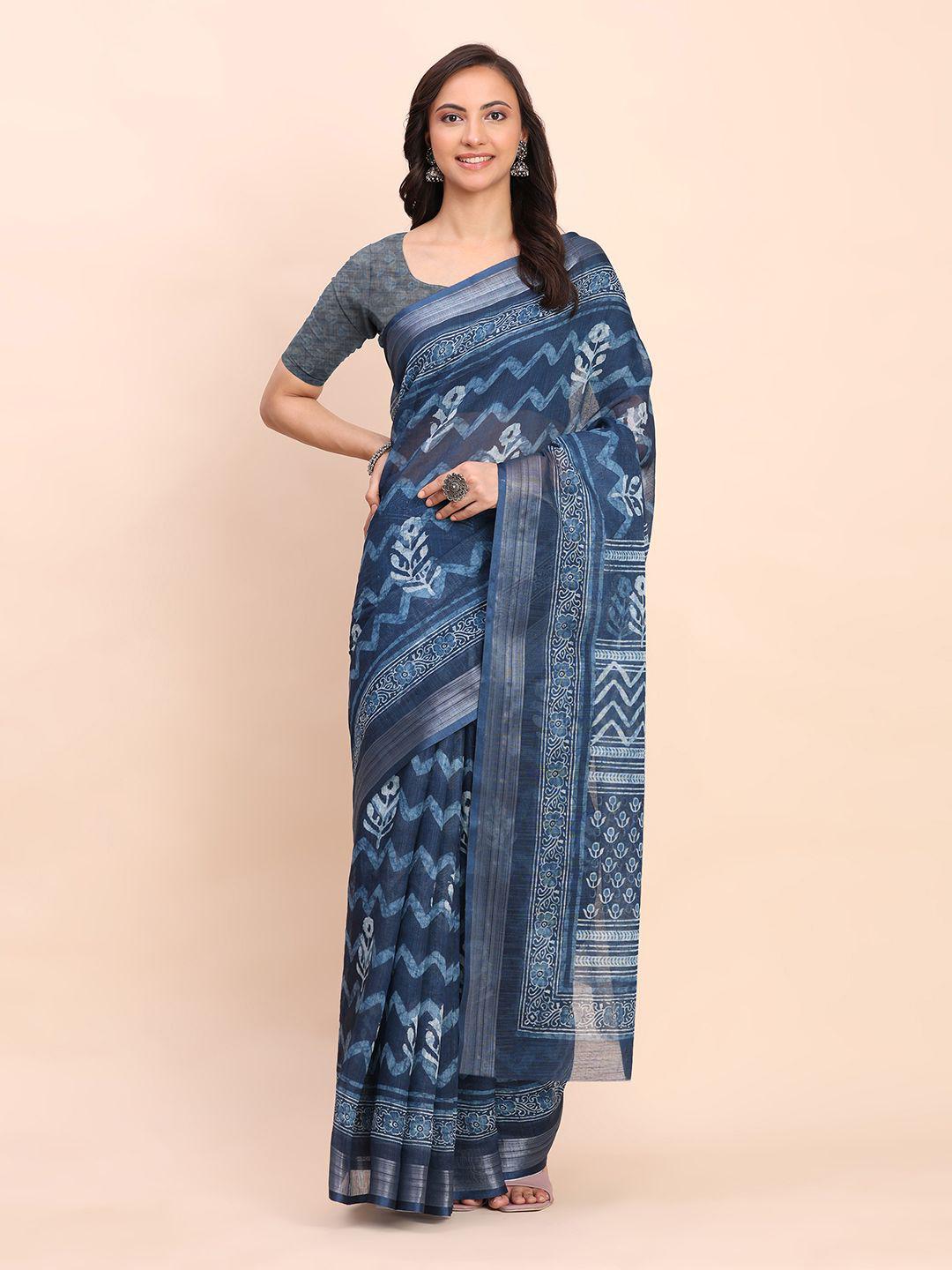 Buy Astita Floral Printed Zari Saree With Unstitched Blouse Piece ...
