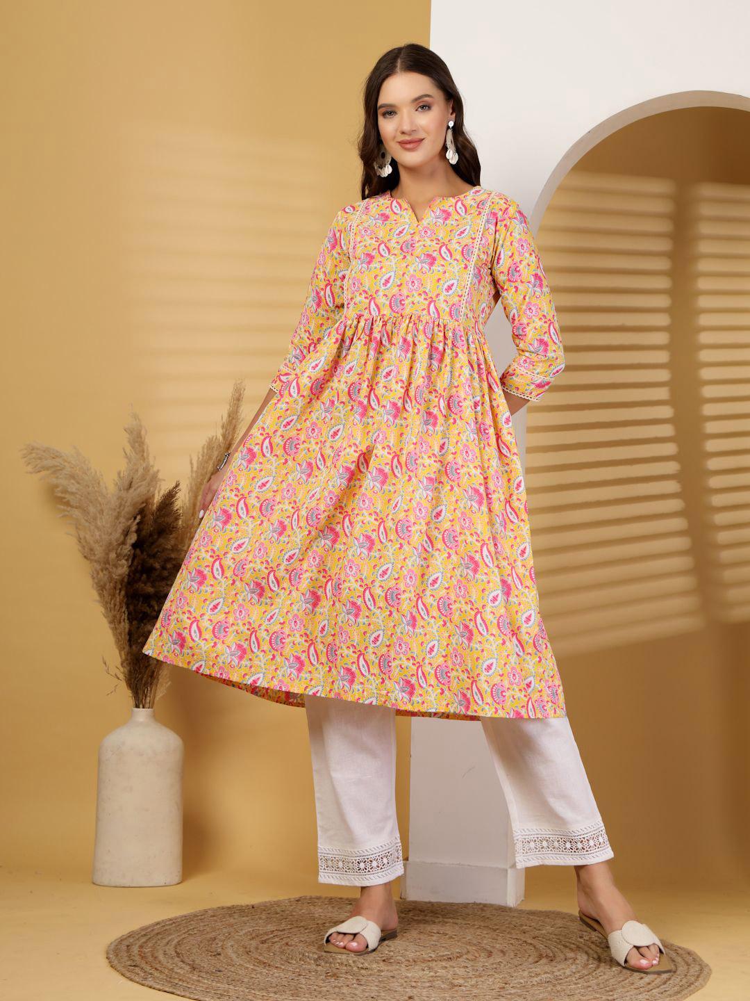 Buy LARGISH Women Floral Printed Casual Cotton A Line Kurta - Kurtas ...