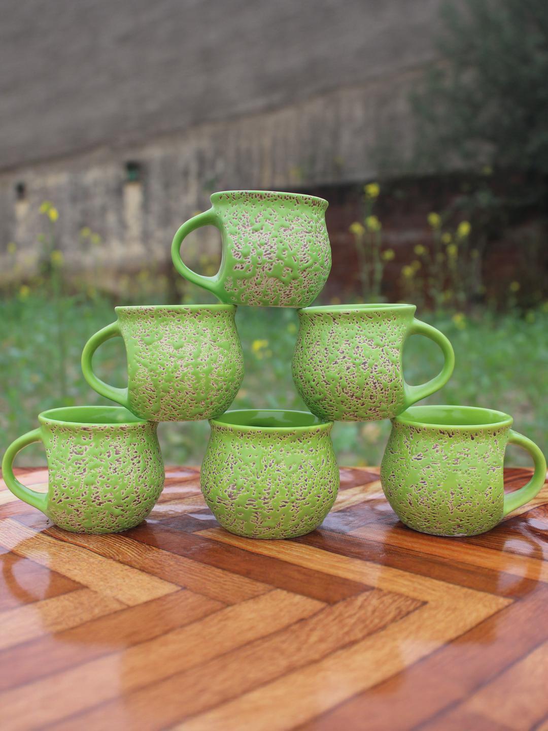 Buy Laghima Jadon Green Textured Ceramic Matte Mugs Set Of 6 - Cups And ...