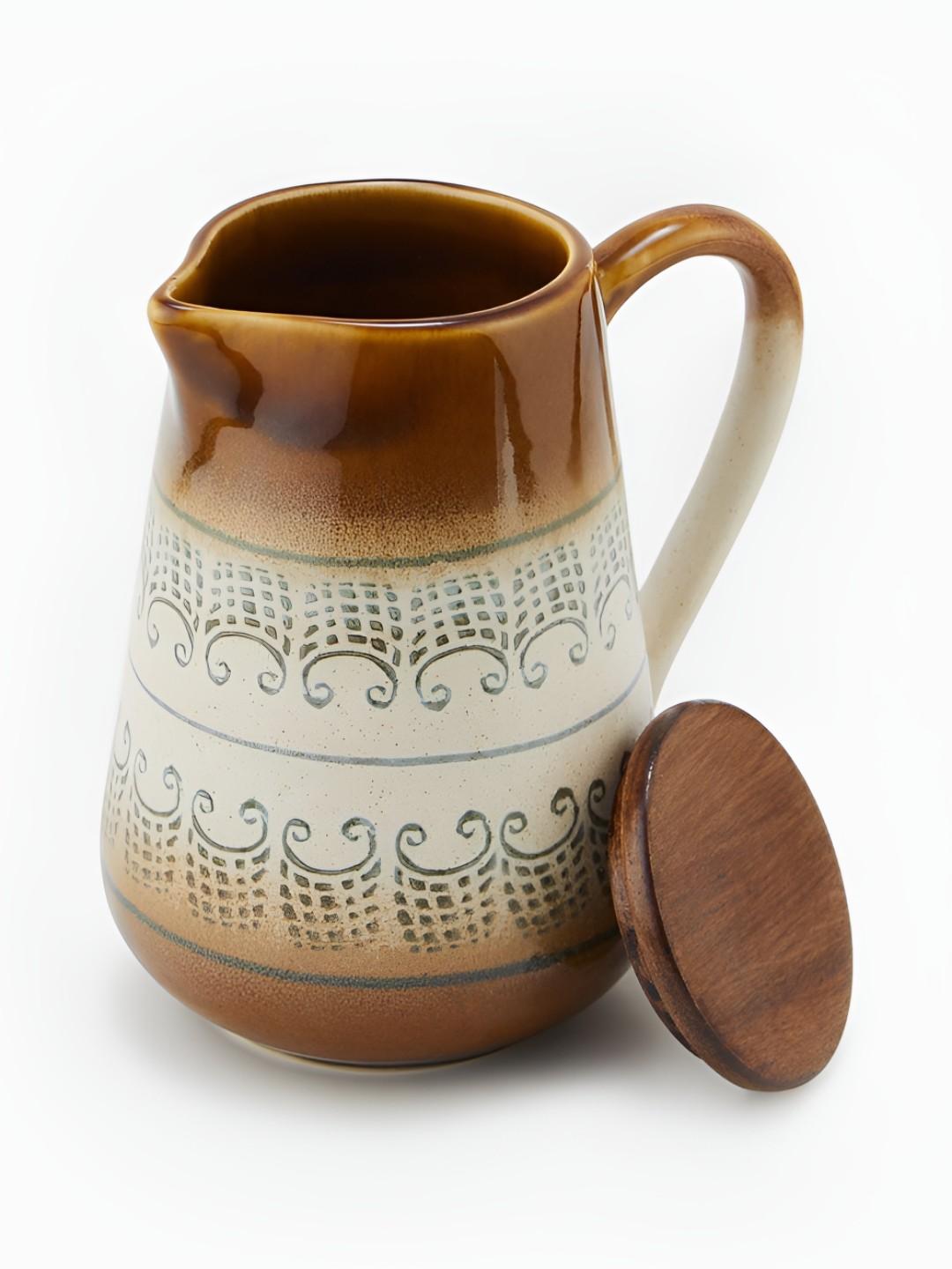 Buy Fabindia Chavi Brown & Cream Ceramic Water Jug With Lid - Water ...