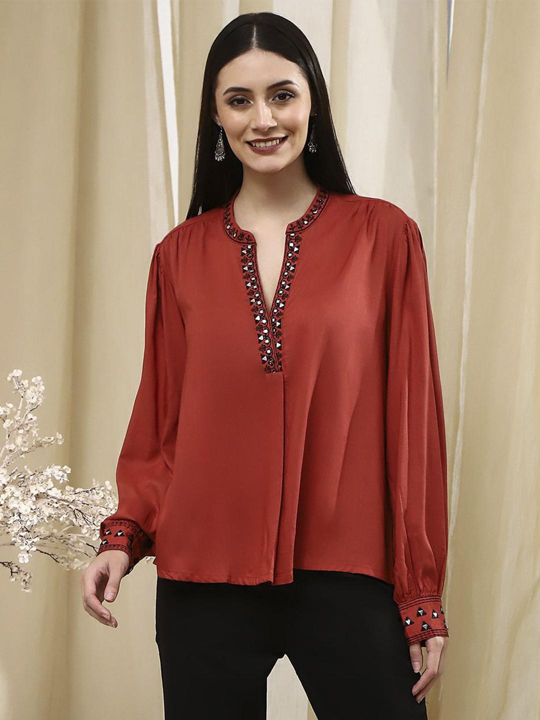 Buy Biba Women Mandarin Collar Cuffed Sleeves Regular Top - Tops for ...