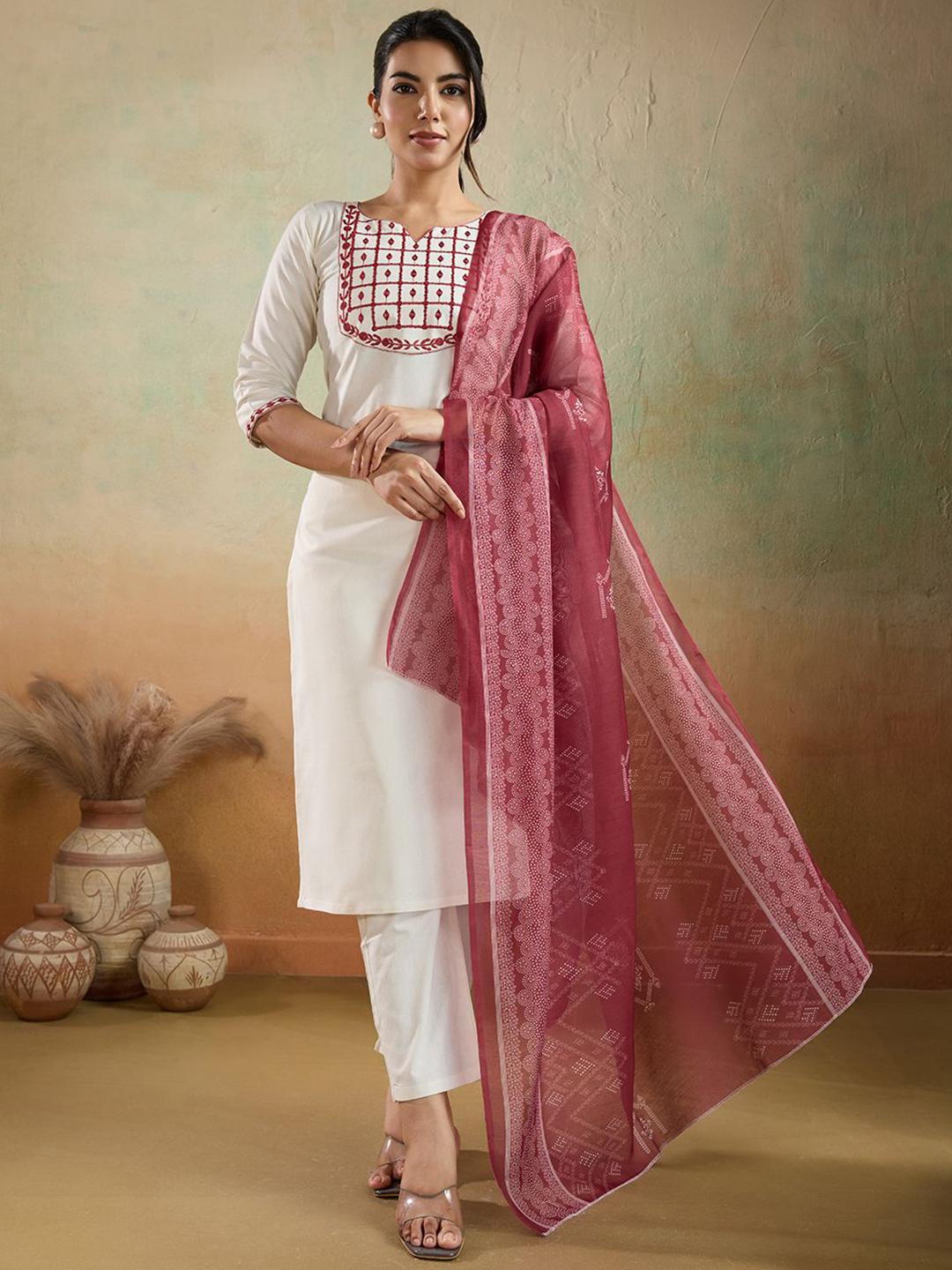 Buy Women Basket Embroidered Pure Cotton Notch Neck Thread Work Kurta ...
