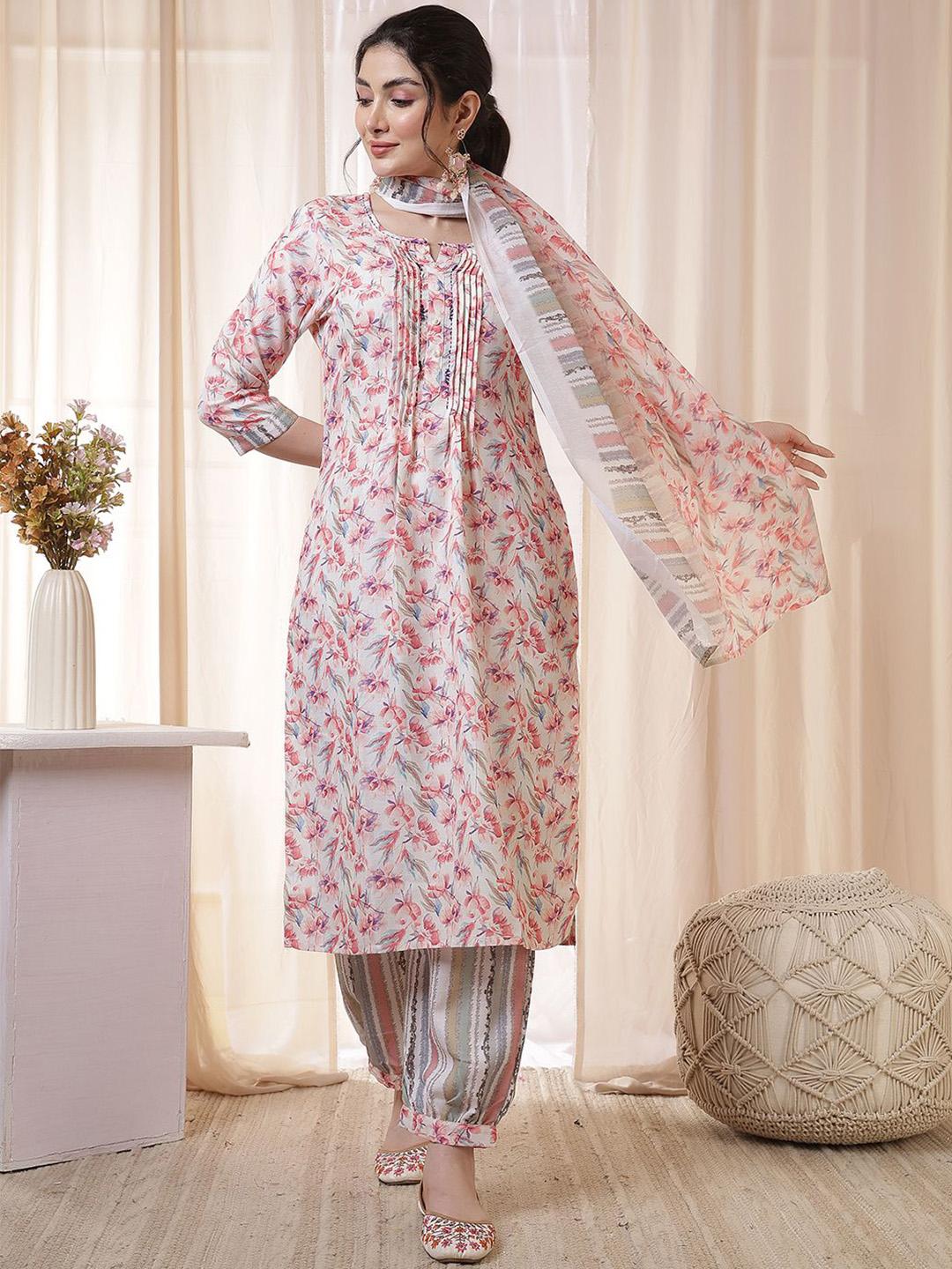 Buy Anouk Floral Printed Notch Neck Pure Cotton Straight Kurta With ...