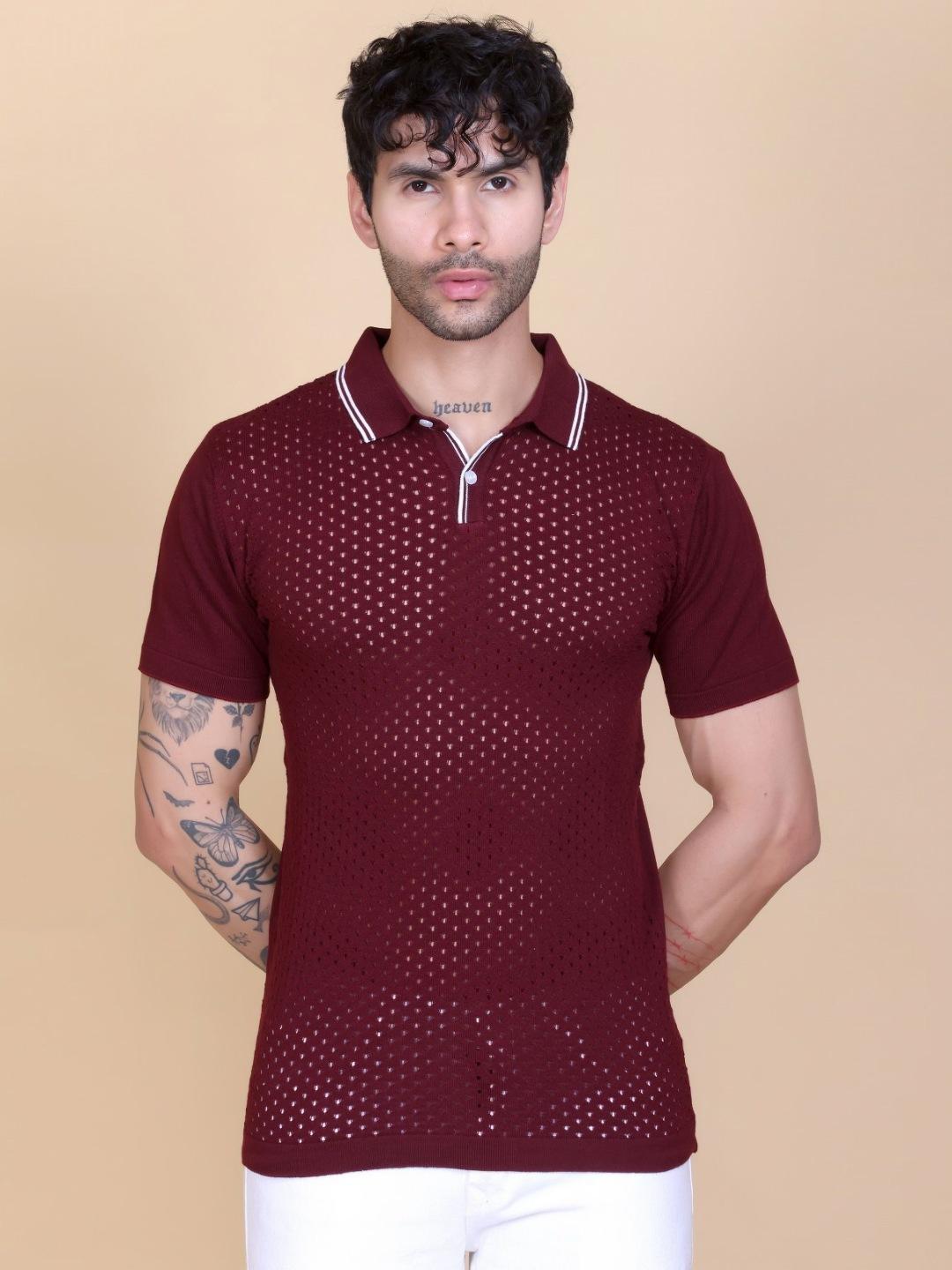 Buy Dzant Self Design Polo Collar Neck Short Sleeves Organic Cotton T ...