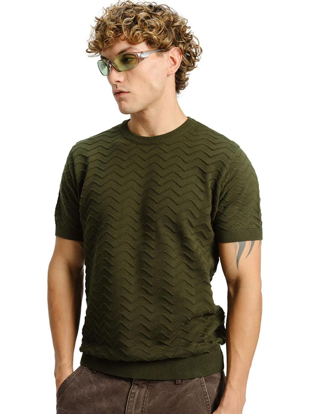 Buy Bonkers Corner Relaxed Fit Geometric Self Design Cotton T Shirt ...