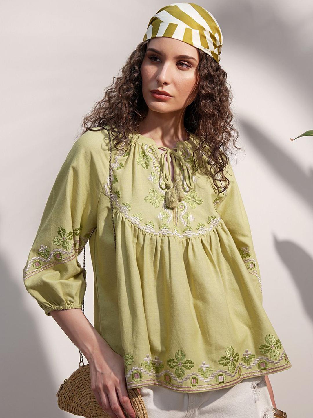 Buy Vara By Vishudh Women Embroidered Tie Up Neck Cotton Top - Tops for ...