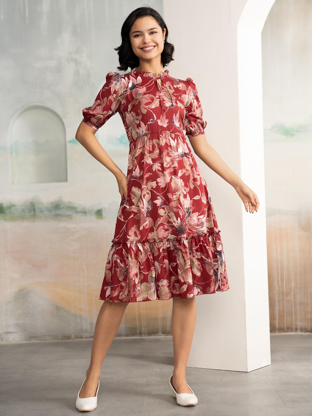Buy AASK Women's Maroon Printed Delta Crepe Fit And Flare Calf Length ...