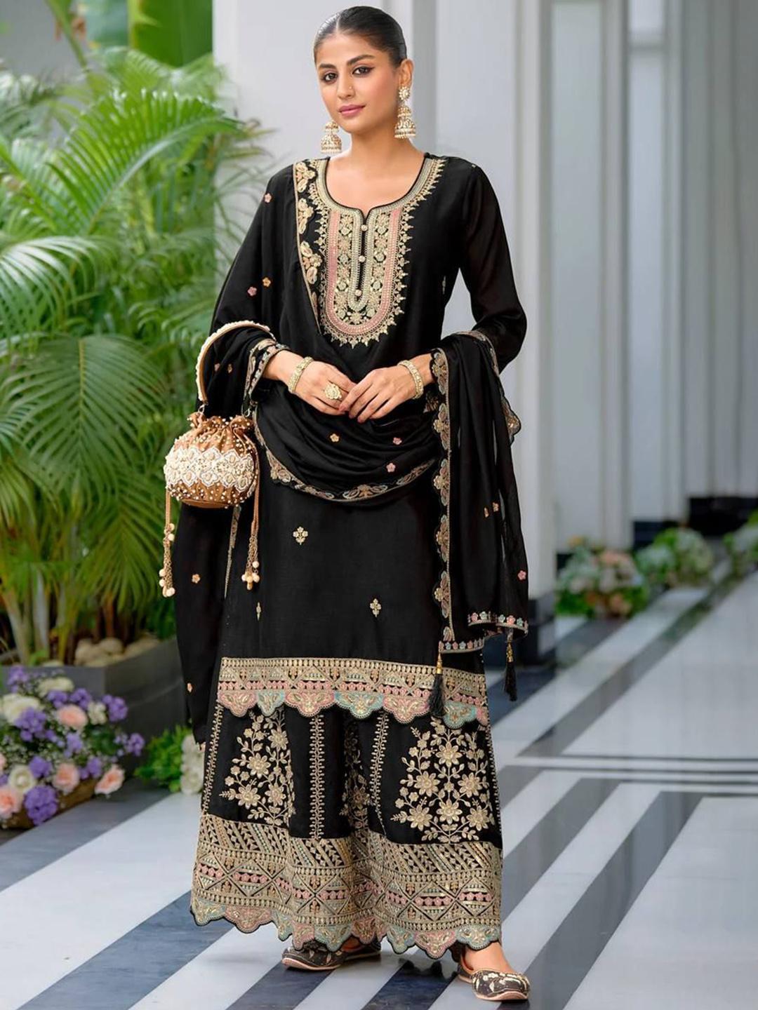 Buy CRAFTLE Floral Embroidered Thread Work Straight Kurta With Palazzos & Dupatta - Kurta Sets ...