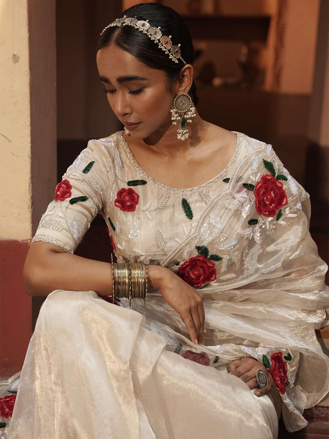 Buy MIDUSHI BAJORIA Embellished Embroidered Beads And Stone Tissue ...