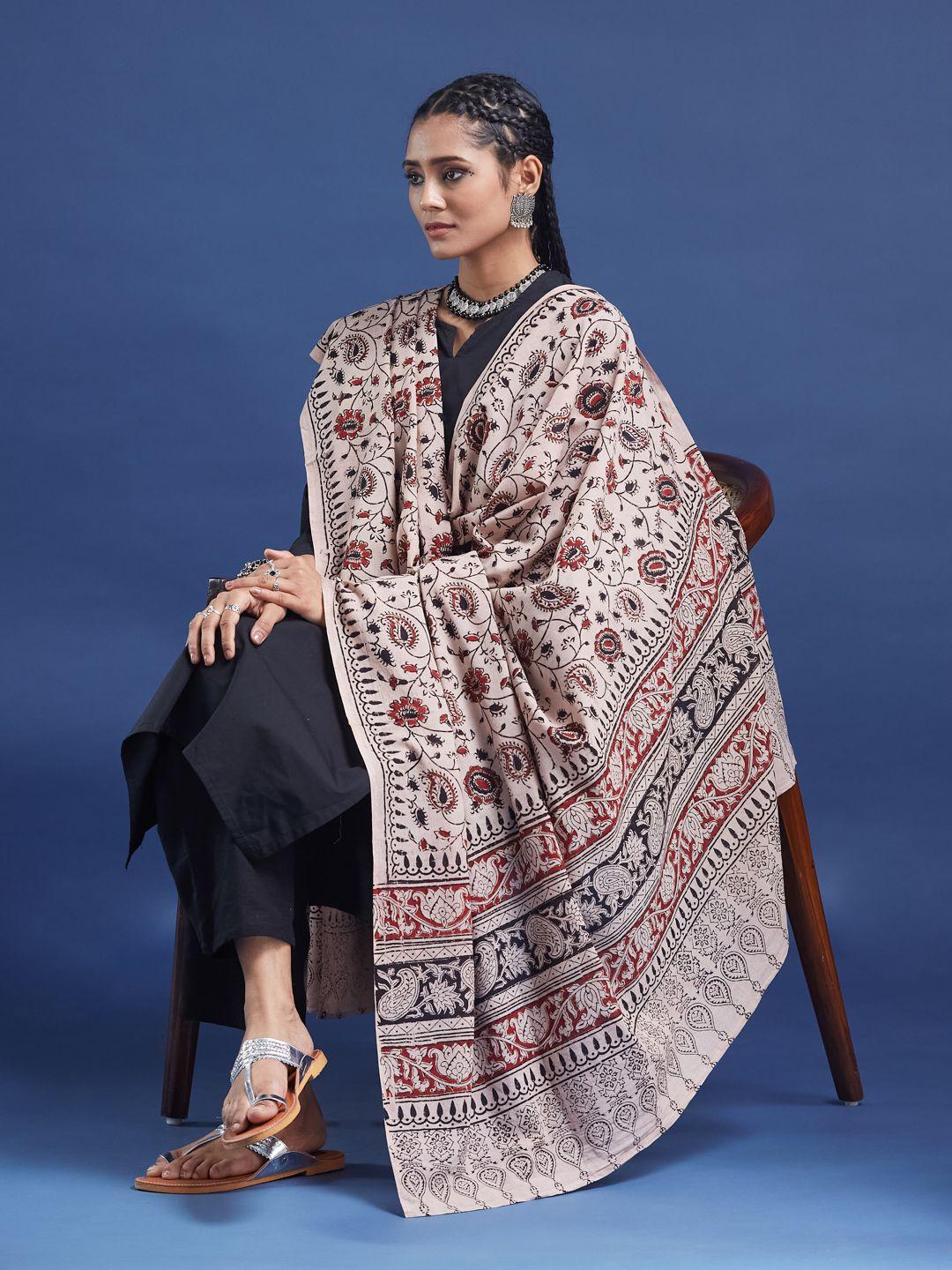 Buy Taavi Floral Kalamkari Hand Block Printed Pure Cotton Dupatta ...