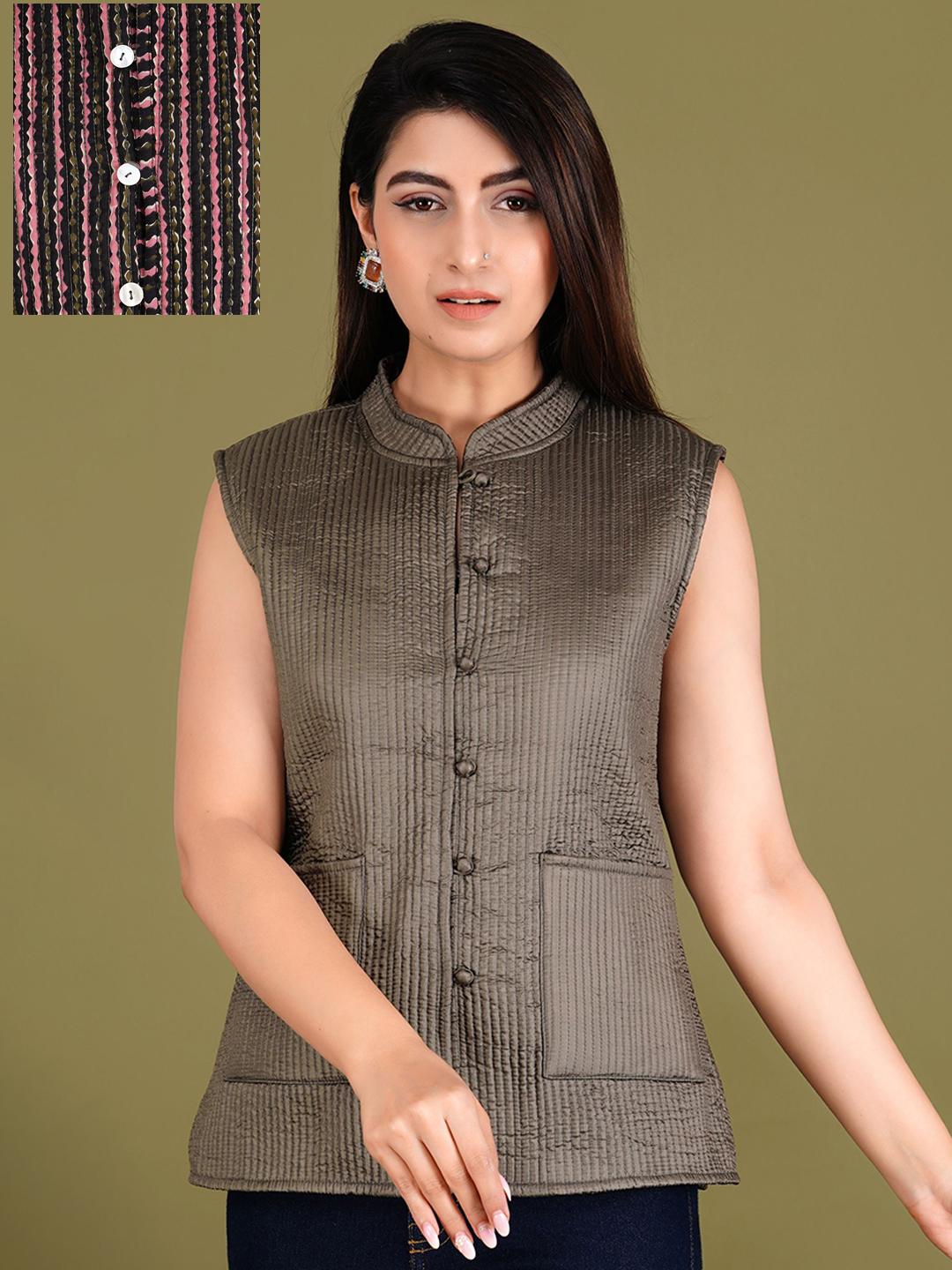 Buy Vasjac Printed Mandarin Collar Sleeveless Reversible Quilted Jacket ...