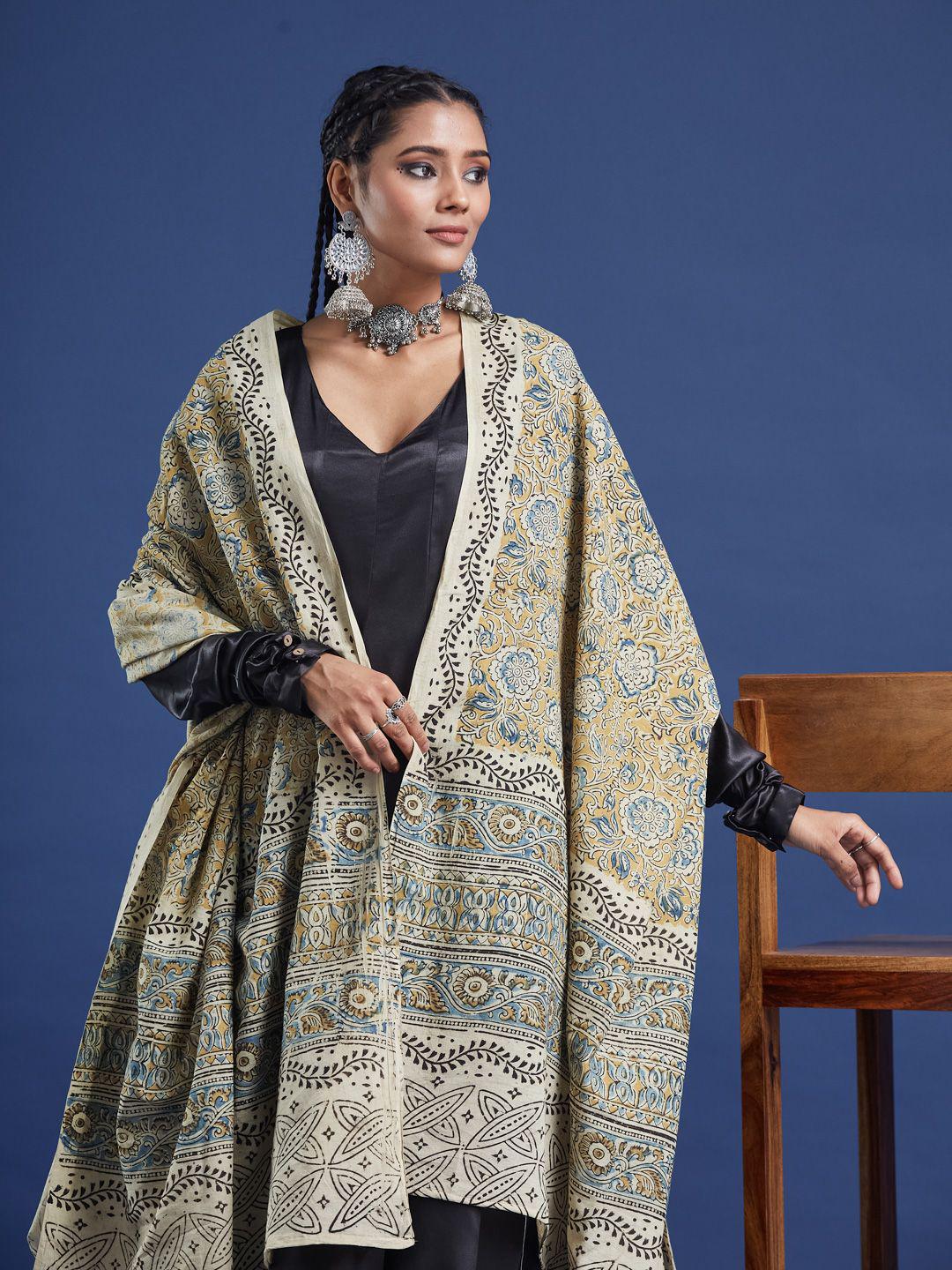 Buy Taavi Floral Kalamkari Hand Block Printed Pure Cotton Dupatta ...
