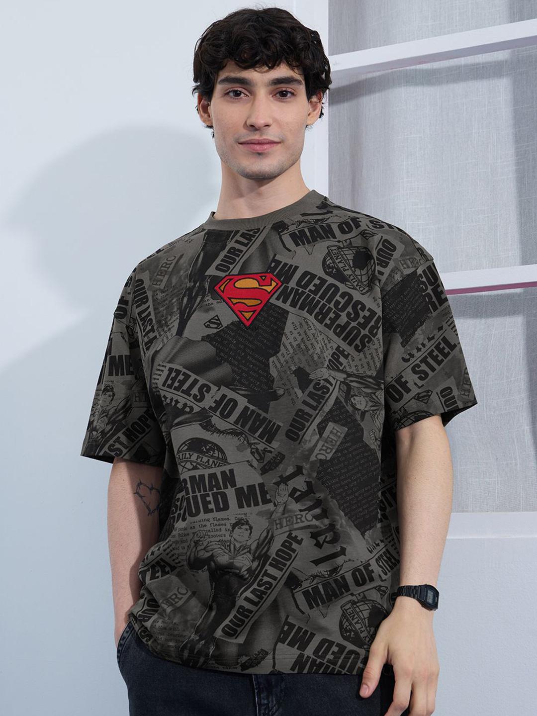 Buy The Souled Store Men Oversized Fit Superman Printed Grey T Shirts ...