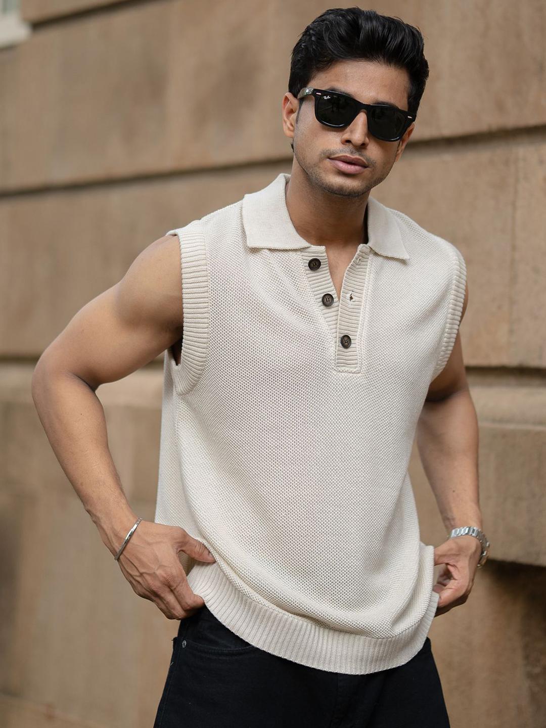 Buy Powerlook Geometric Self Design Polo Collar Sweater Vest - Sweaters ...