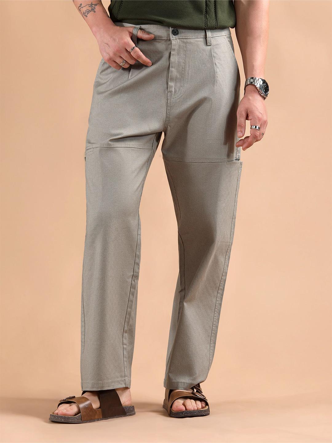 Buy Beyoung Men Relaxed Straight Leg Houndstooth Cotton Cargo Trouser ...