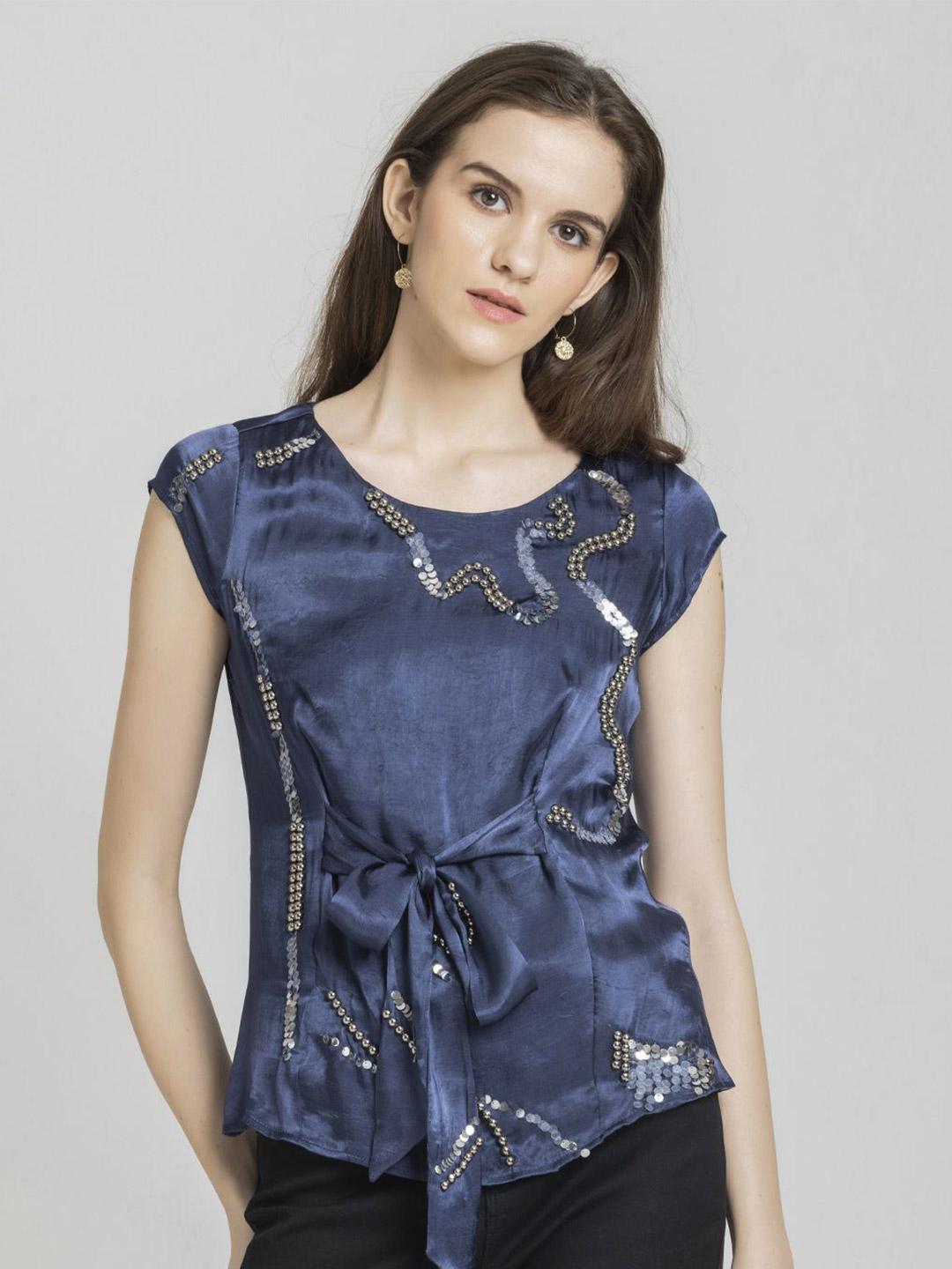 Buy SHAYE Midnight Blue Round Neck Embellished Short Sleeves Party Tops ...